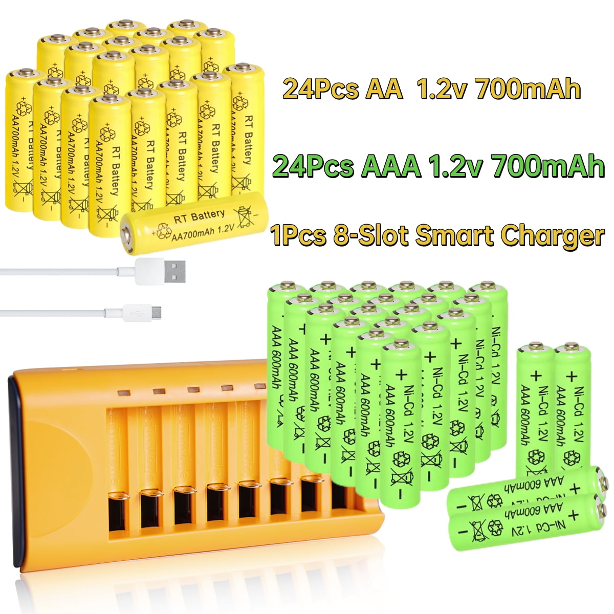 Skywolfeye 24pcs AA & 24pcs AAA 1.2V 700mah Rechargeable Batteries with USB 8 Slot Charger ...