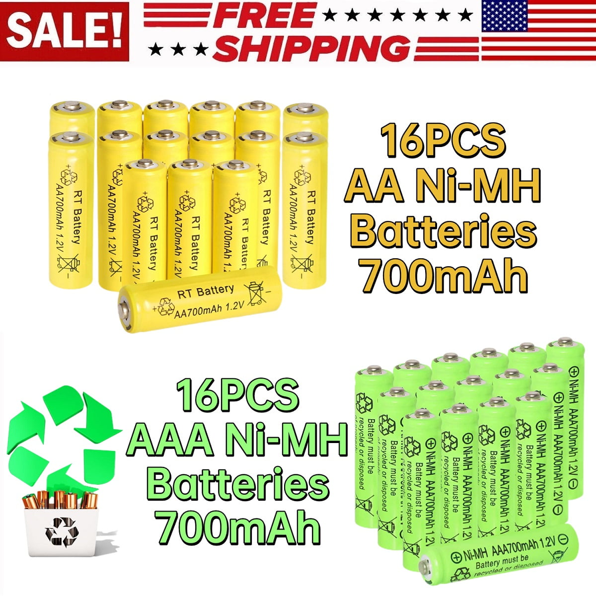 Skywolfeye 32PCS Ni-MH AA AAA Batteries High-Performance 700 mAh 1.2 ...