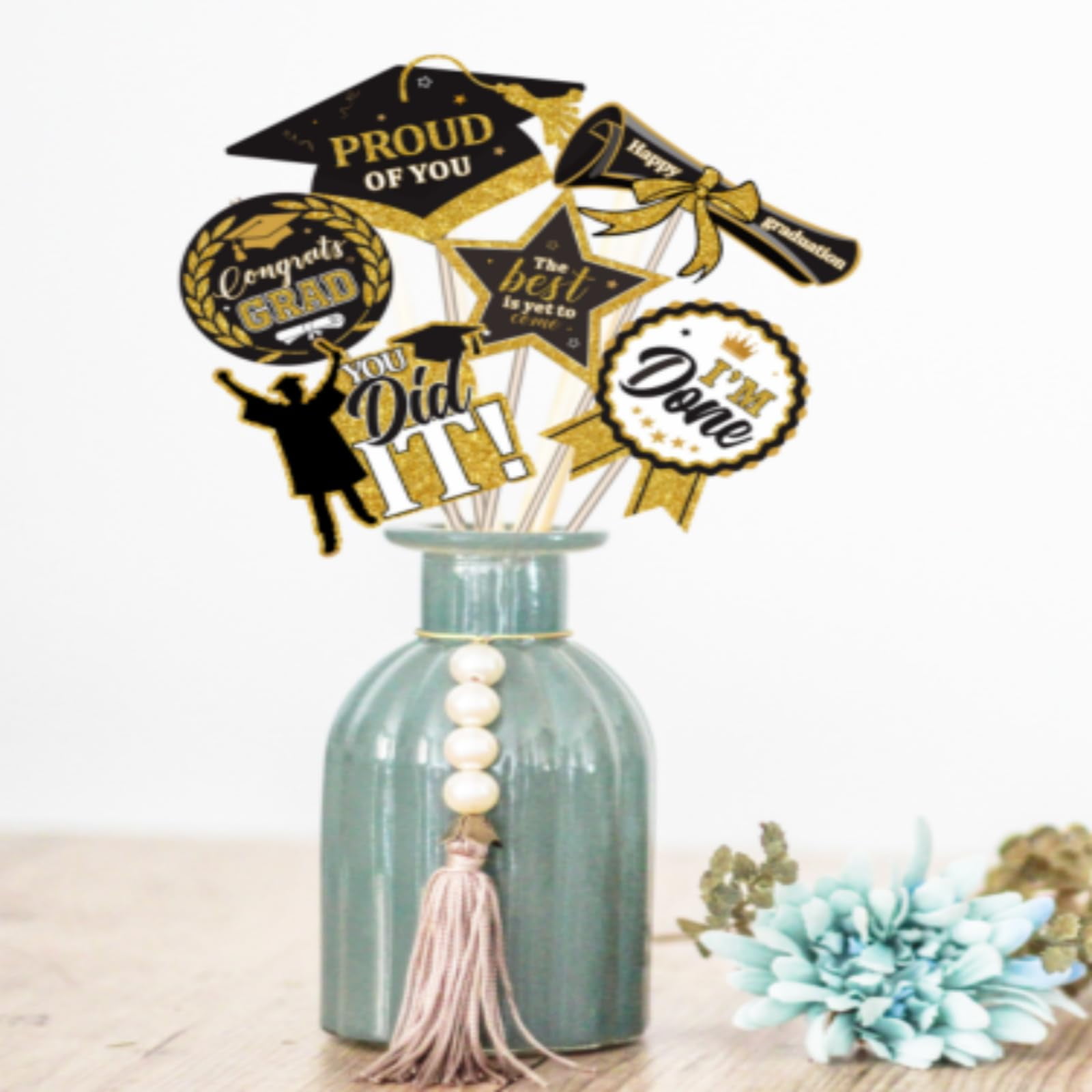 Skyygemm 36 Set Graduation DHF10 Party Decorations Black and Gold Grad ...