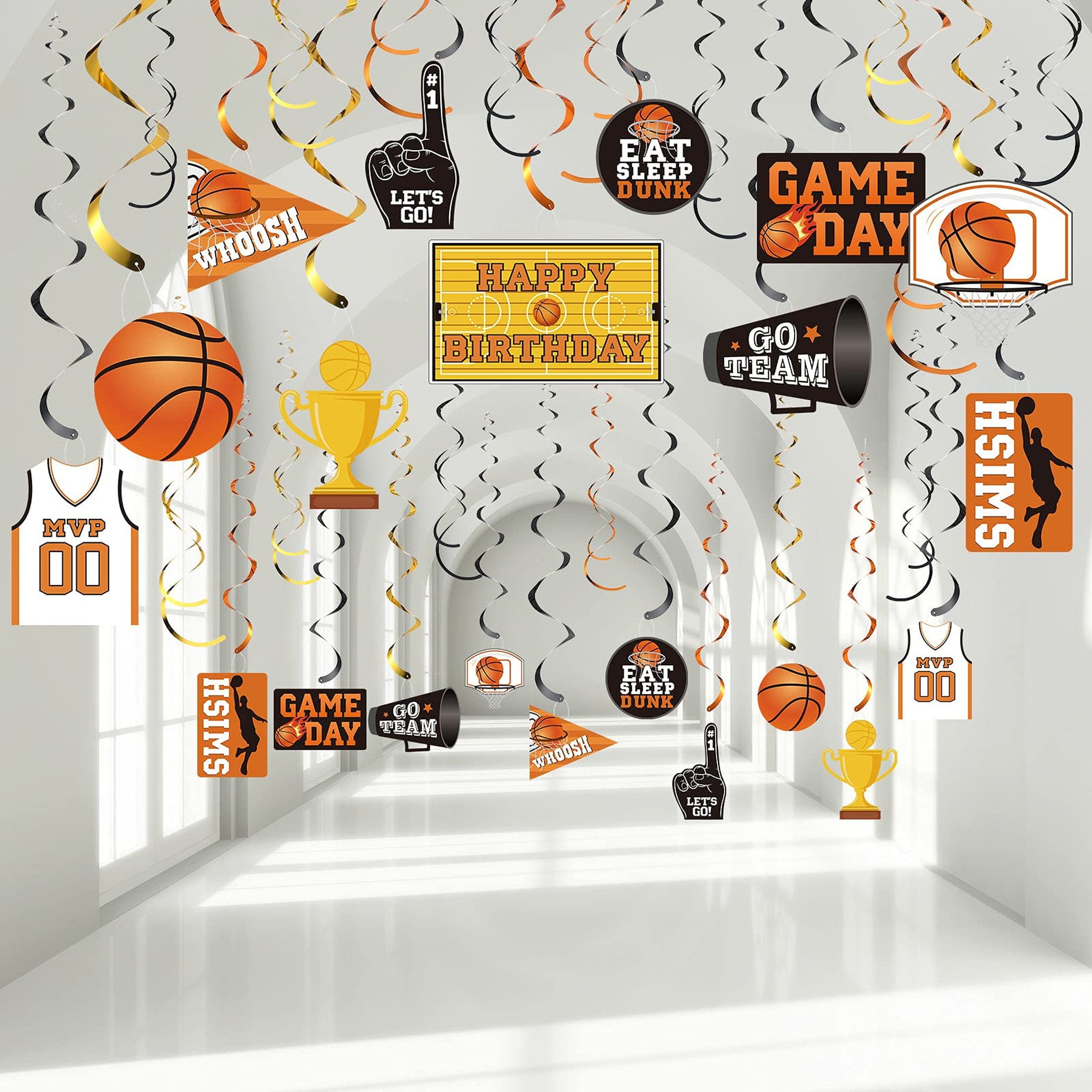 Slam Dunk Swirls - 30-Piece Basketball Party Hanging Decorations for ...