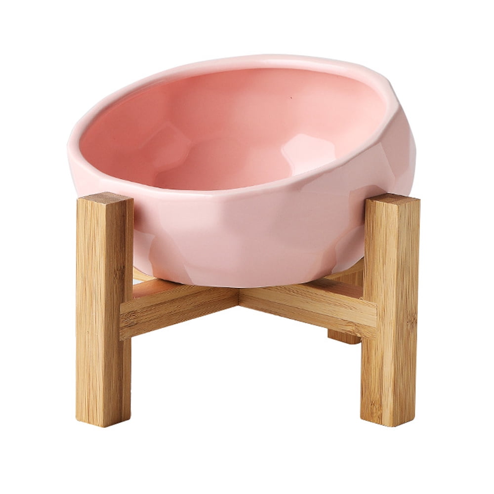 Slanted Ceramic Dog Cat Bowl with Wooden Stand, Tilted Bulldog Food ...