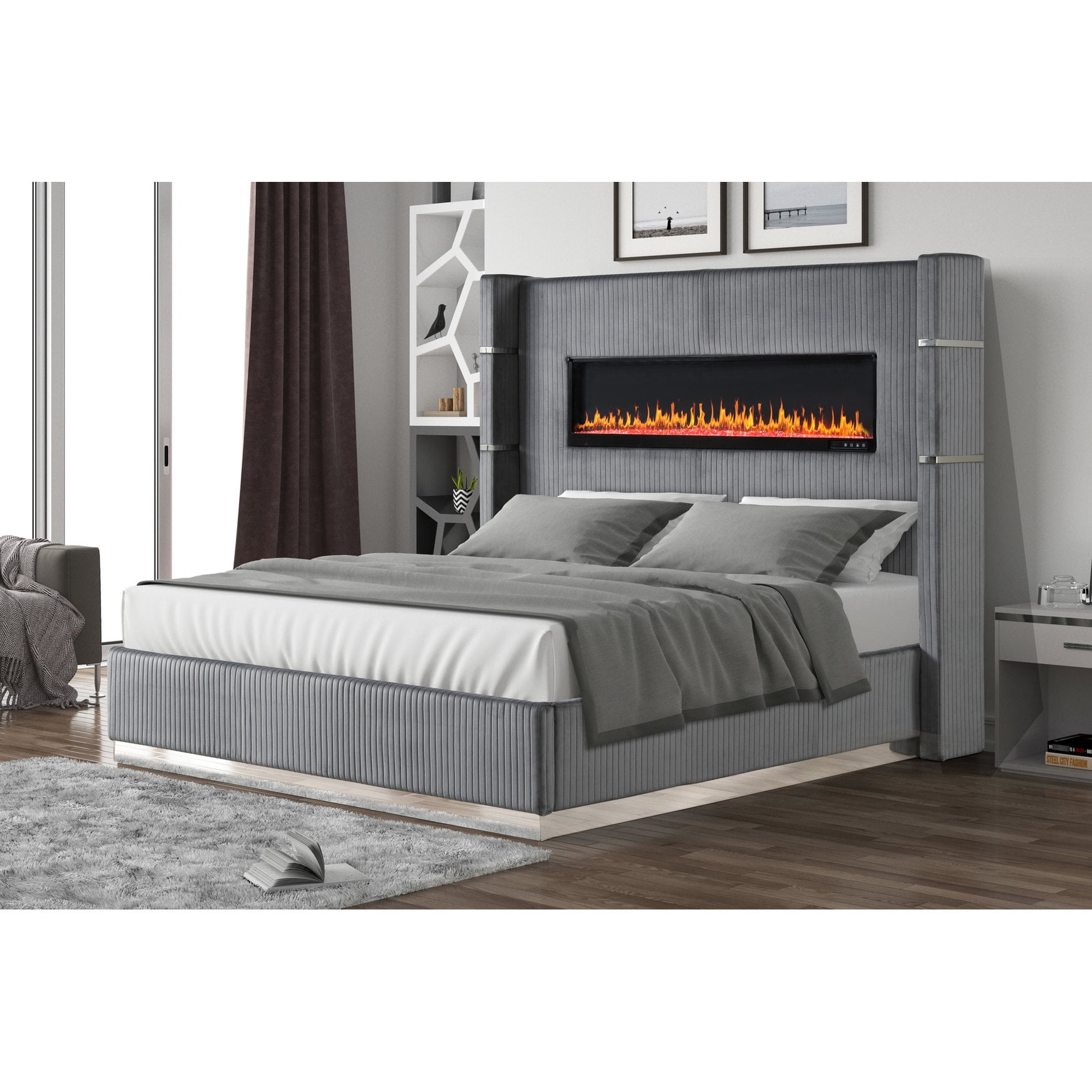 Slat Beds King Size In Gray Velvet, Electric Fireplace Headboard, 6 ...
