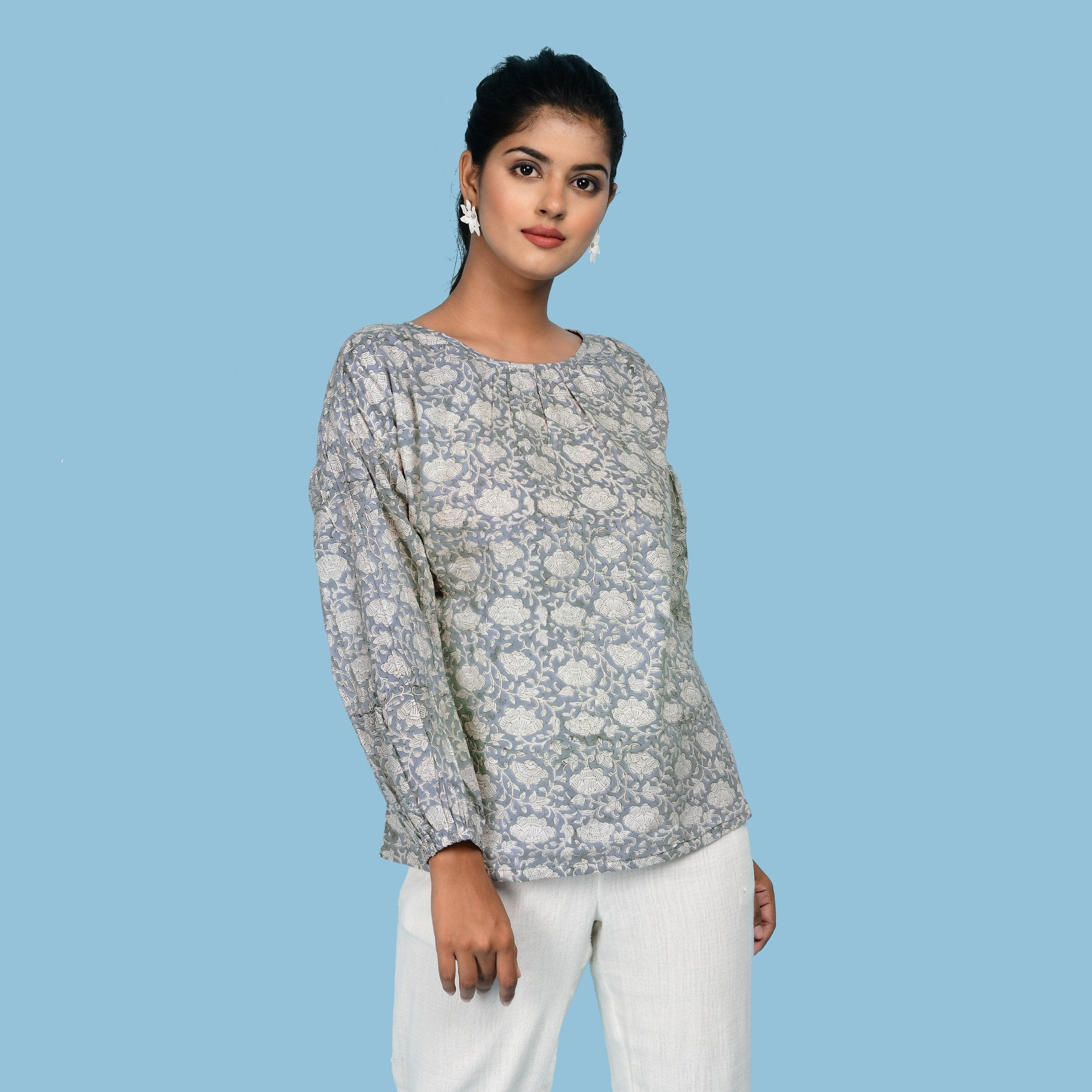 Slate Blue Floral Block Printed Cotton Round Neck Top - Walmart.com