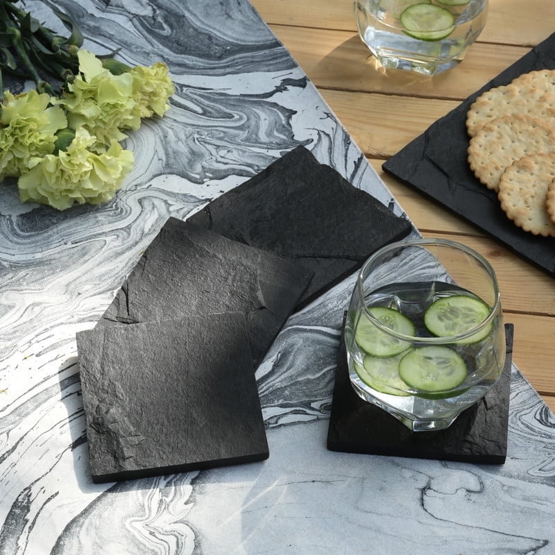 Slate Coasters & Natural Black Stone Cup Mats Coffee Table Decor for ...