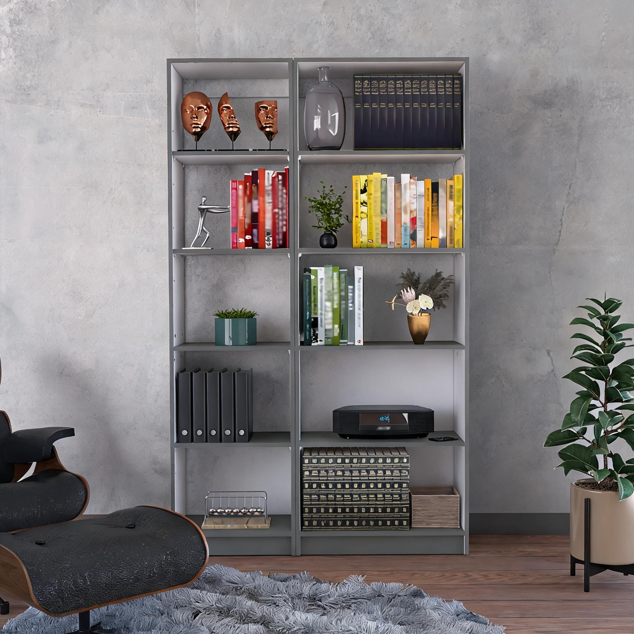 Slate Gray Matte 42 Inch Wide 2 Piece Modern Storage Bookcase Set ...