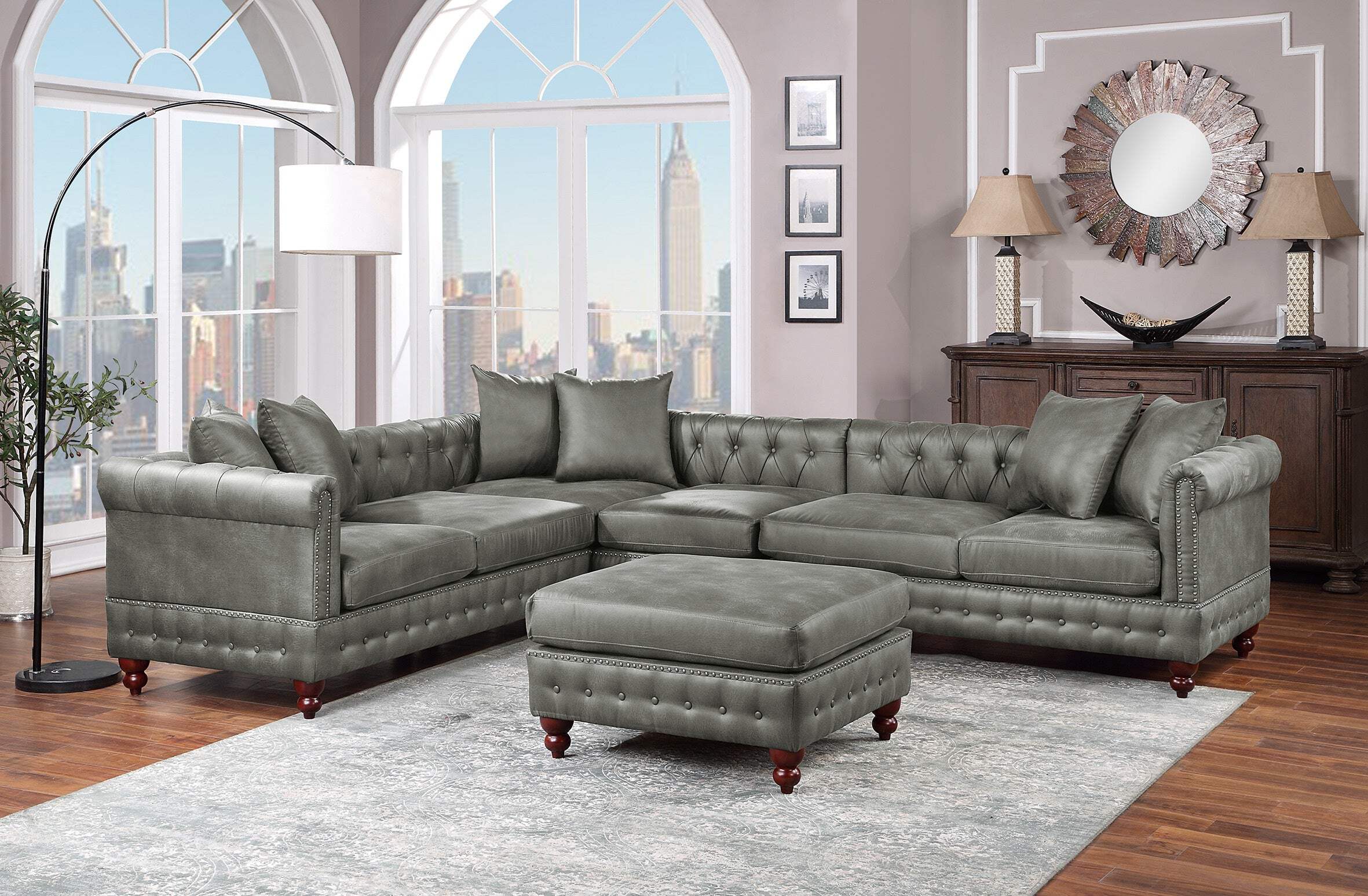 Slate Grey 4Pc Sectional Set 3X Reversible Loveseat Chaise And 1X Ottoman Tufted Couch Pillows ...