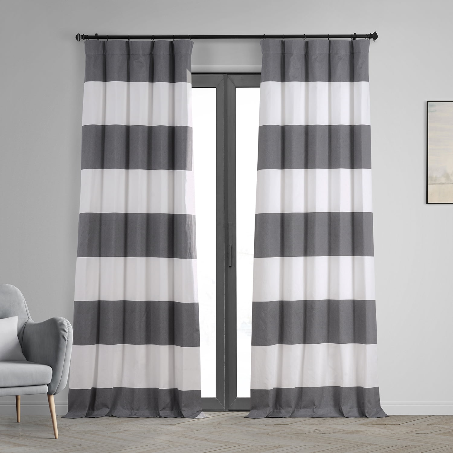 Slate Grey & Off White Horizontal Stripe Curtain (1 Panel), Slate Grey ...