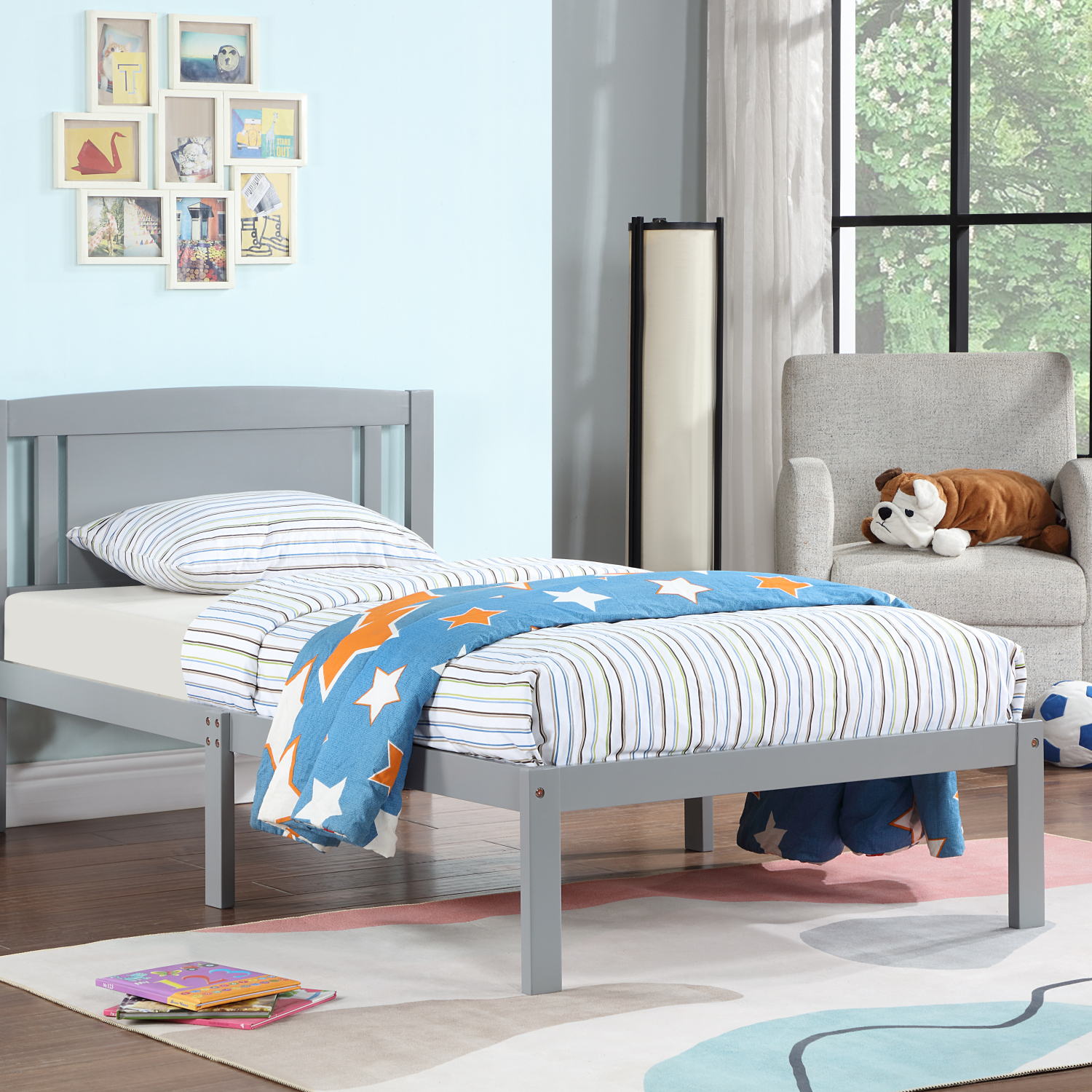 Slatted Dark Walnut Wood Platform Twin Size Bed Frame with Headboard ...