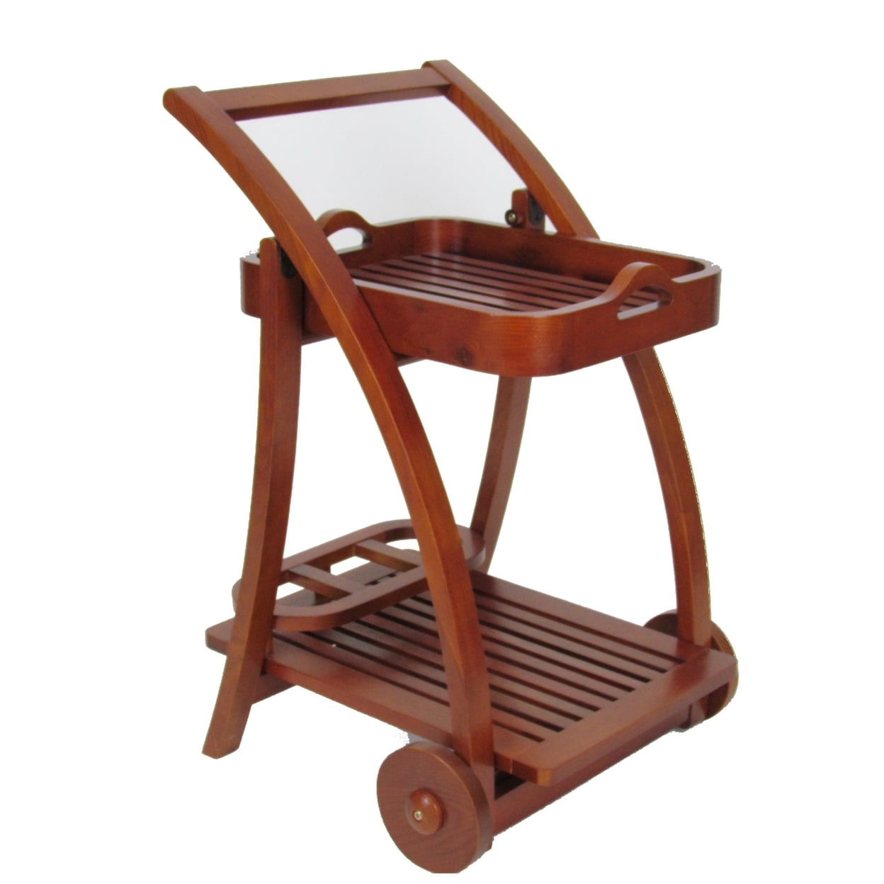 Benjara Slatted Shelf Serving Foldable Tray Stand with Wheels, Brown ...