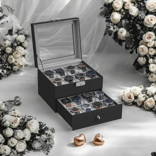 Sleek 16-Slot Watch Box, Glass Lid, 2 Layers, Lockable Display Case in ...
