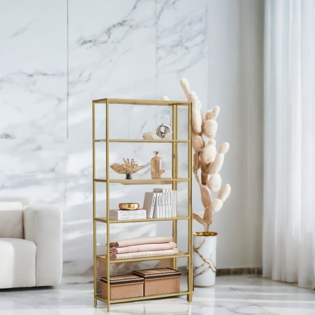 Sleek 6-Tier Bookcase, Slim Shelving Unit with Tempered Glass Shelves ...