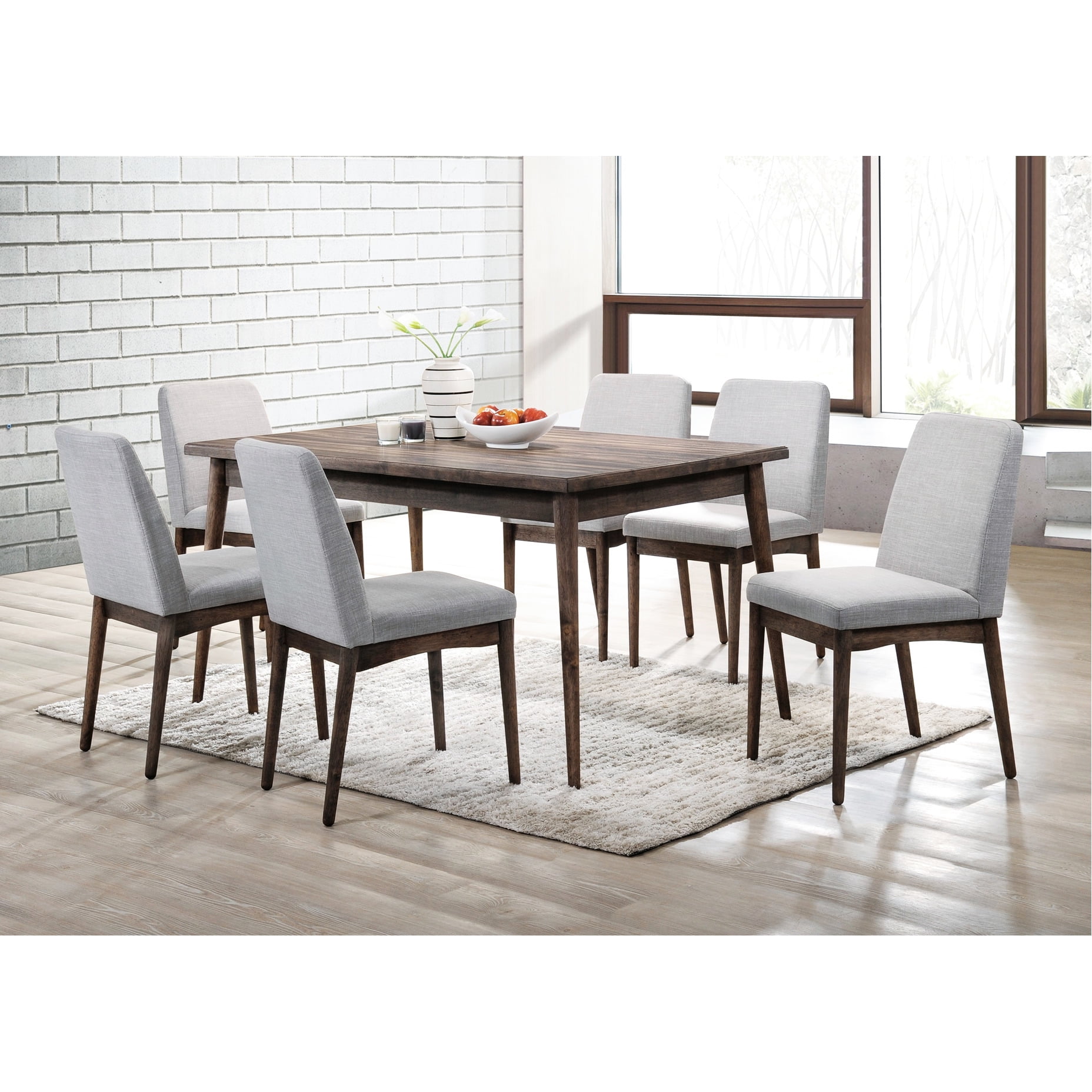 Sleek 7pc Dining - Solid Wood Table In Walnut & 6 Padded Side Chairs Modern Rectangular Ash ...