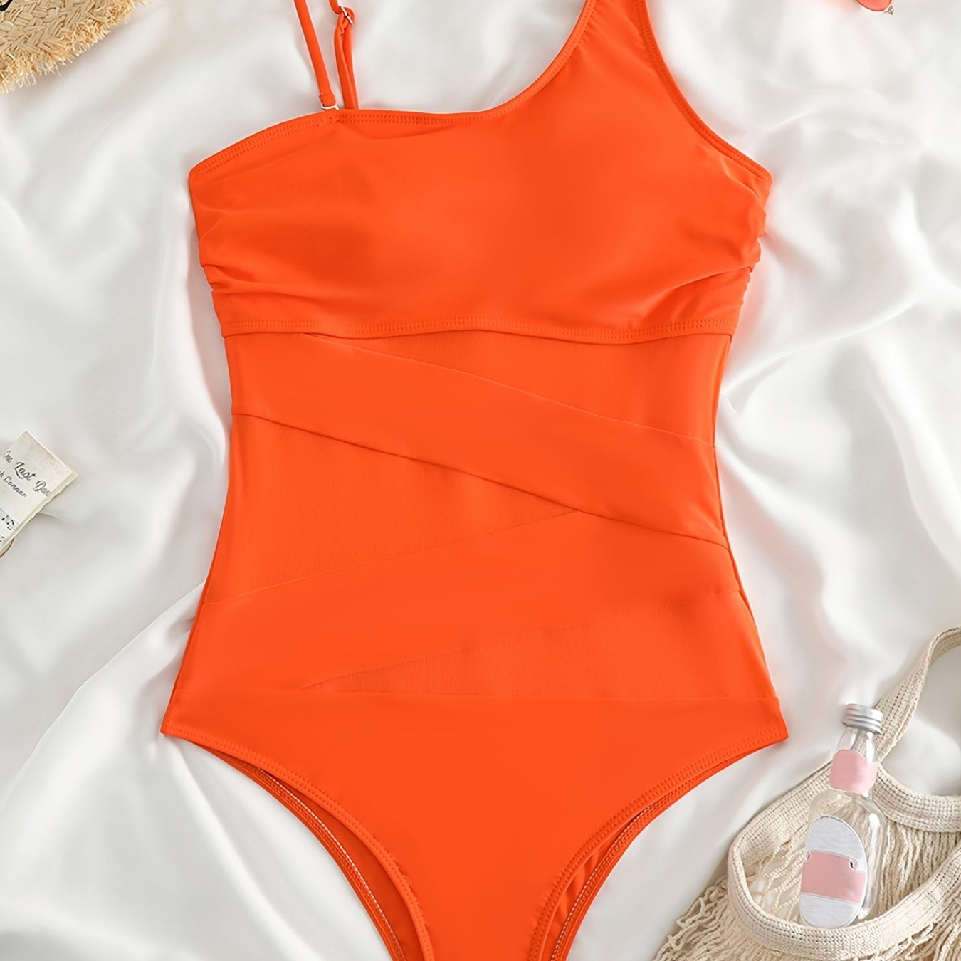 Sleek Asymmetrical One Shoulder Mesh Swimsuit High Leg Cut Solid