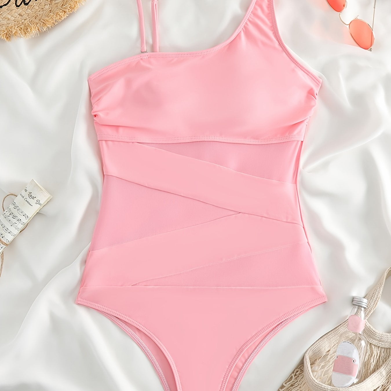 Sleek Asymmetrical One Shoulder Mesh Swimsuit High Leg Cut Solid