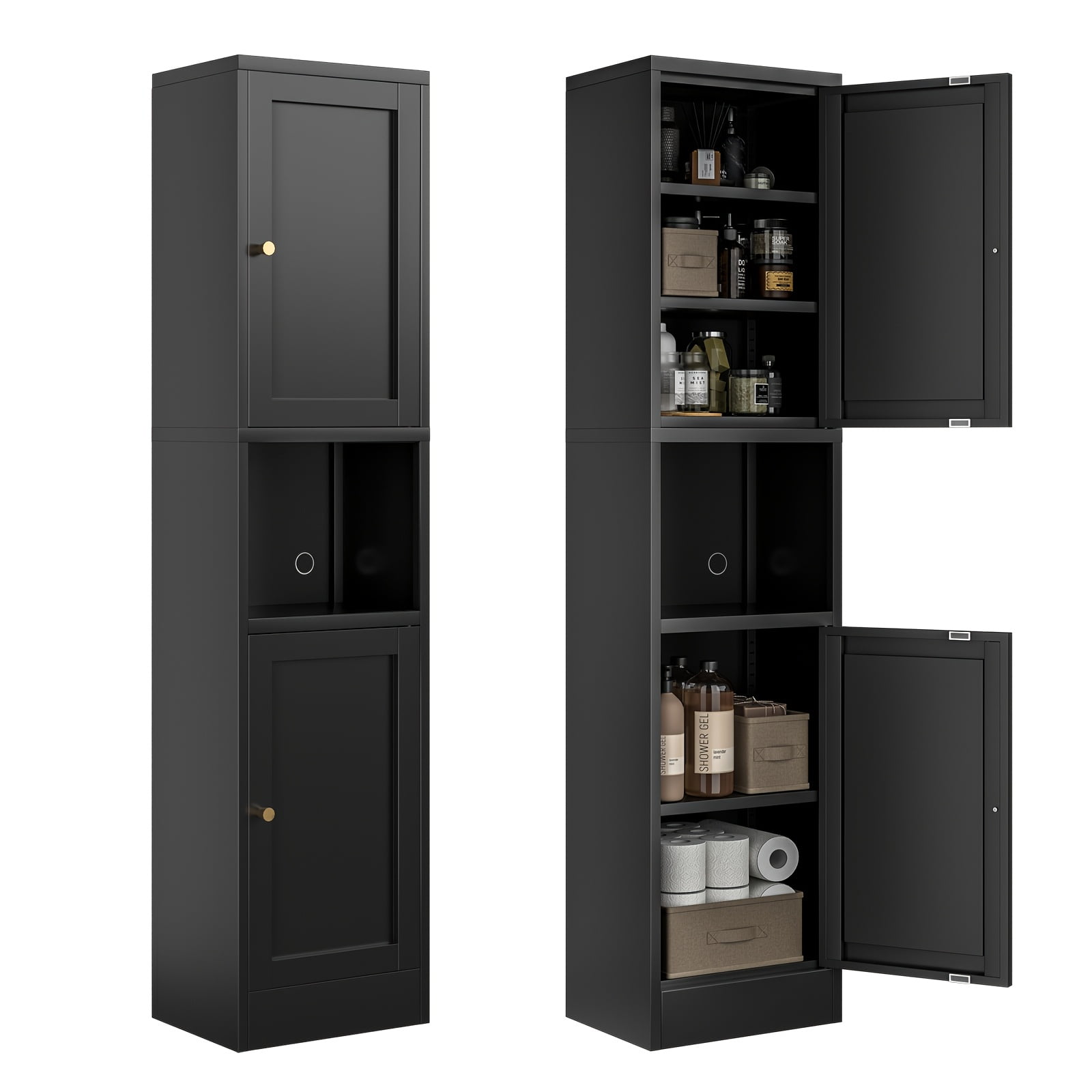 Sleek Black Metal Bathroom Storage Cabinet - Slim Floor Stand with Open ...