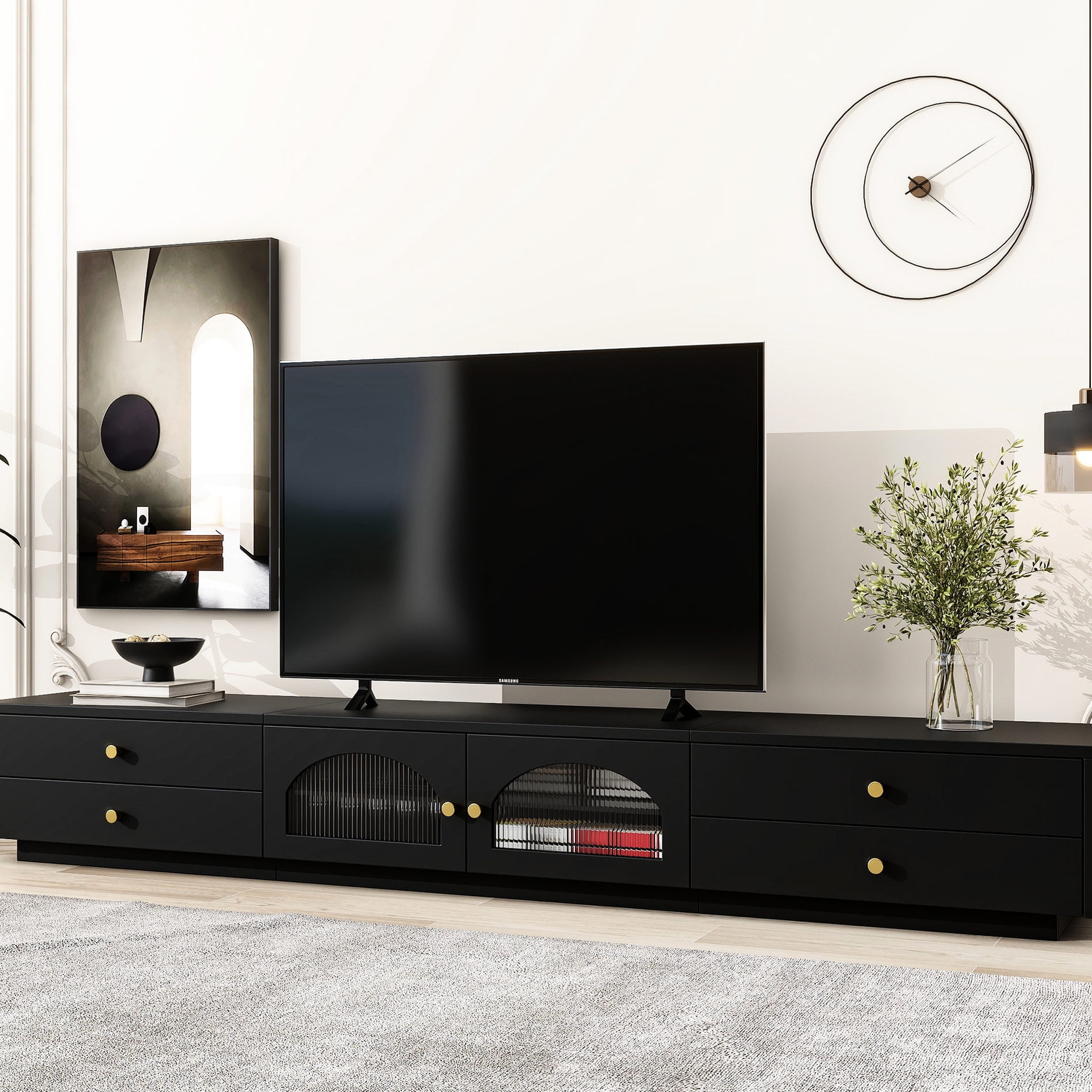 Sleek Black Particle Board TV Stand with Fluted Glass for Large TVs in ...
