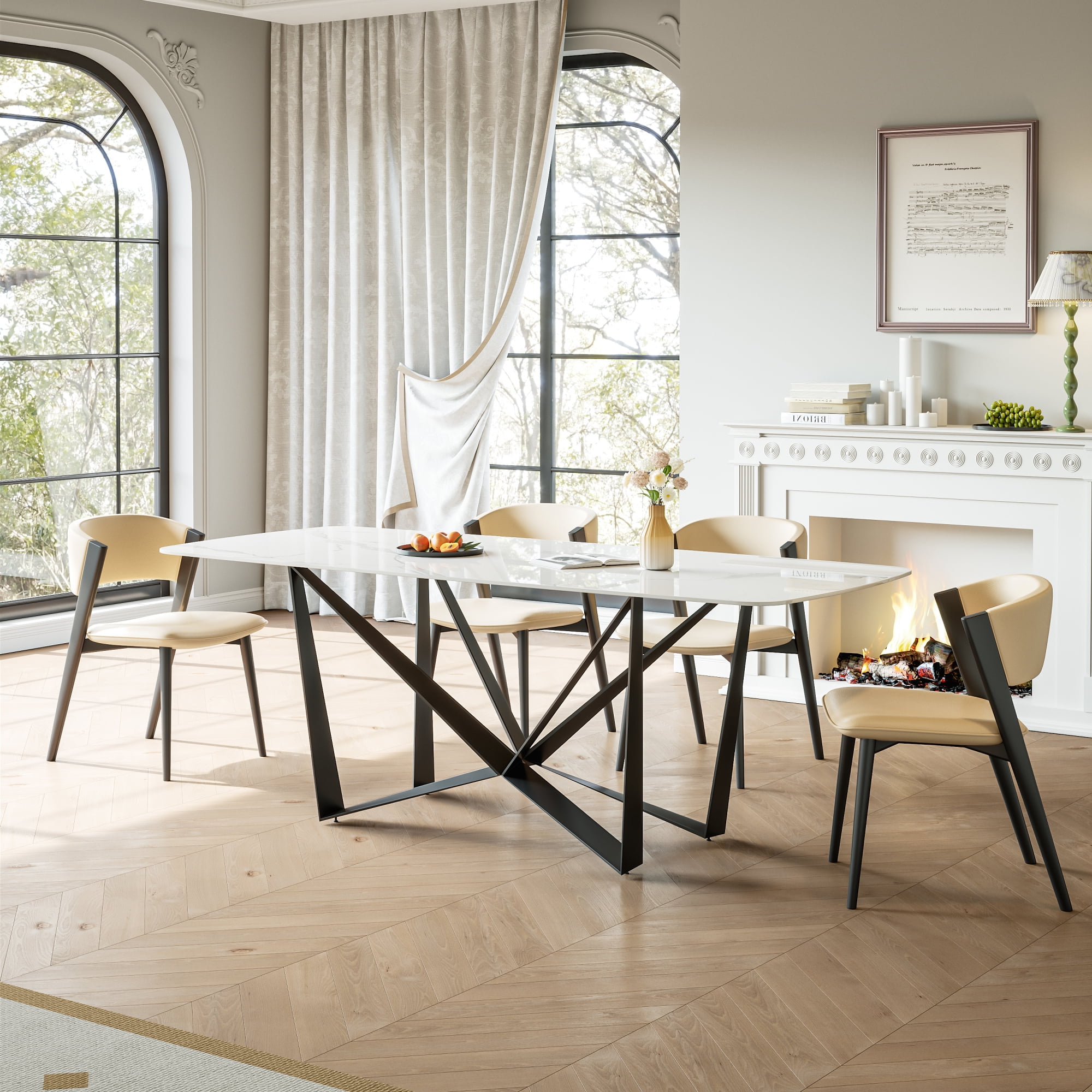 Sleek Black Sandstone Dining Table with Glossy Snow Mountain Stone Top ...