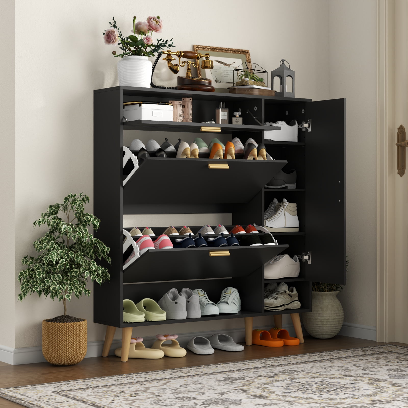 Sleek Black Shoe Storage Cabinet – Holds 16 Pairs, 2 Flip Drawers ...