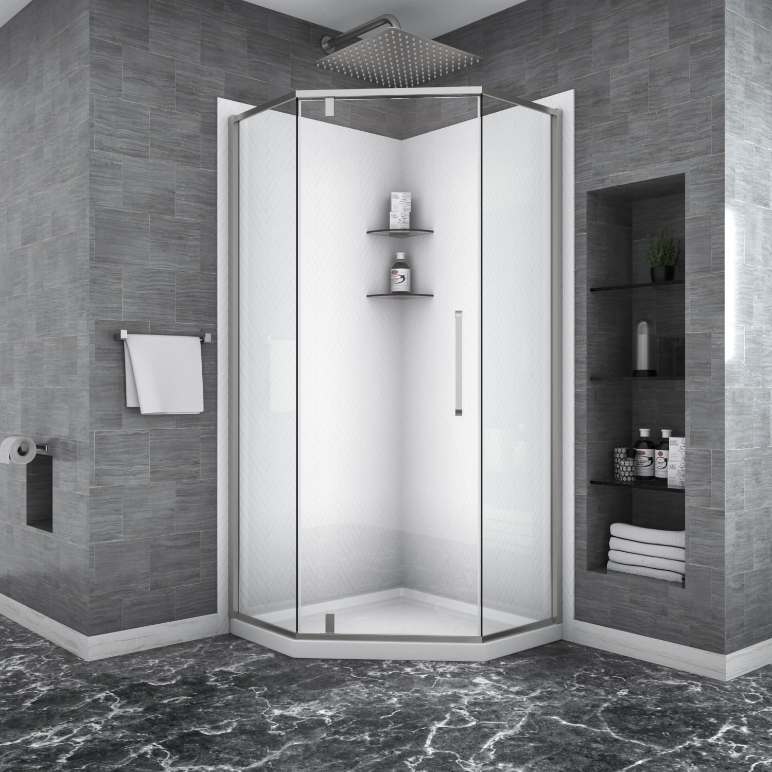 Sleek Brushed Nickel Semi-Frameless Neo-Angle Hinged Shower Enclosure 34-1/8” x 72” - Stylish ...