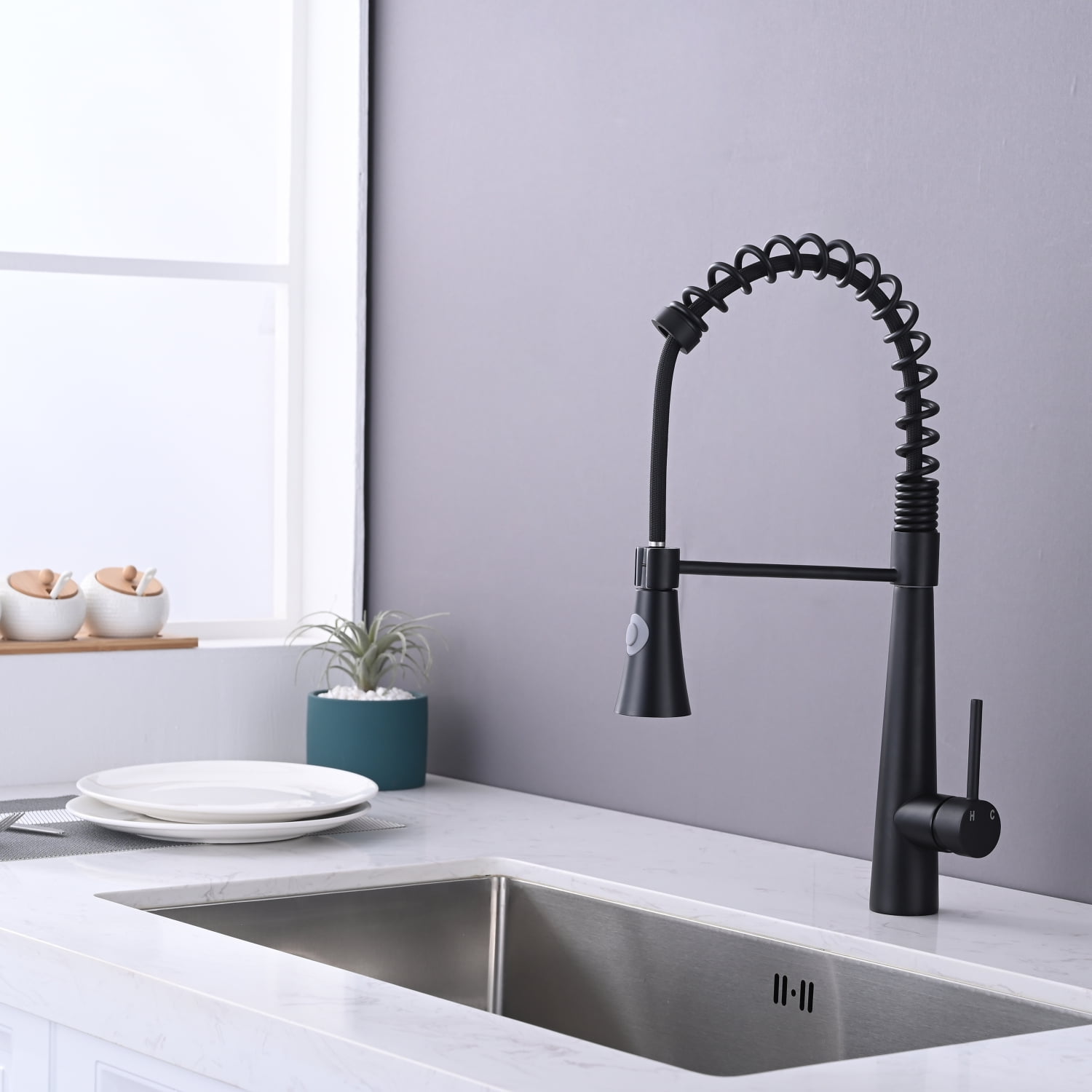 Sleek Commercial Matte Black Kitchen Faucet with Powerful Pull Down ...