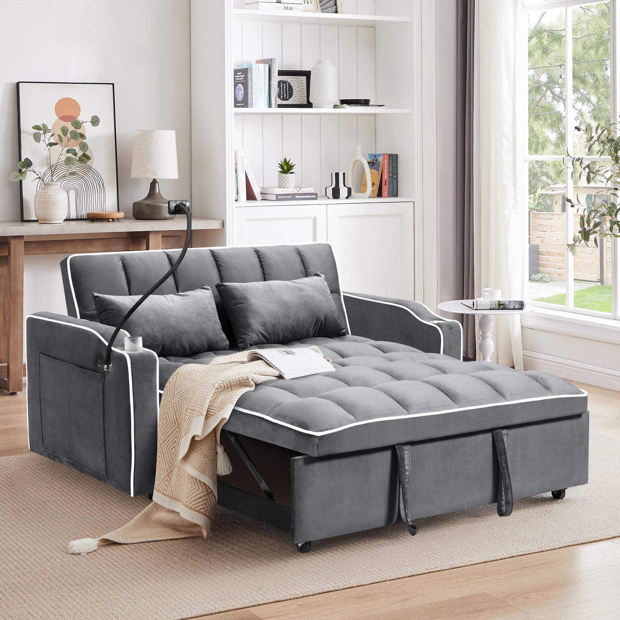 Sleek Dark Grey Velvet Pullout Sofa Bed: 3 Adjustable Lengths USB Port Swivel Phone Stand Hidden ...