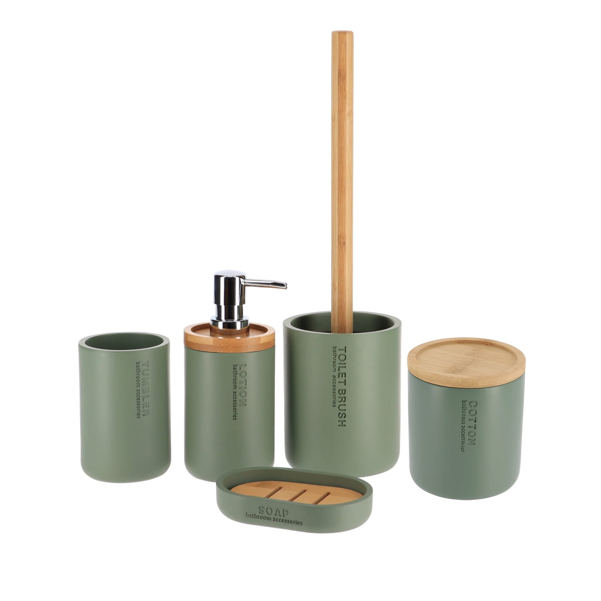Sleek Green Bathroom Accessory Set with Bamboo Accents - 5 pieces ...