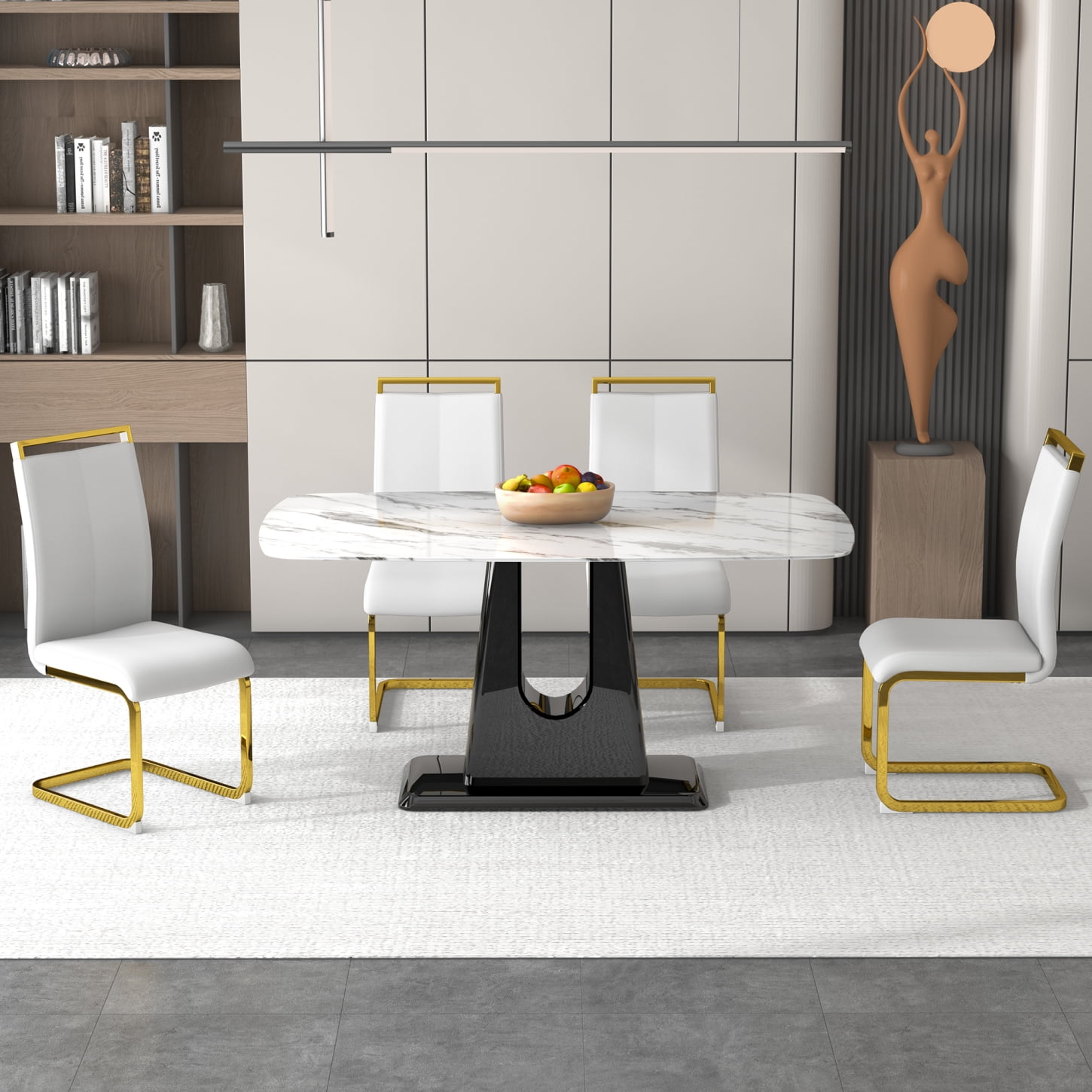 Sleek Marble Dining Table and Chairs Set in White, Modern Rectangular ...