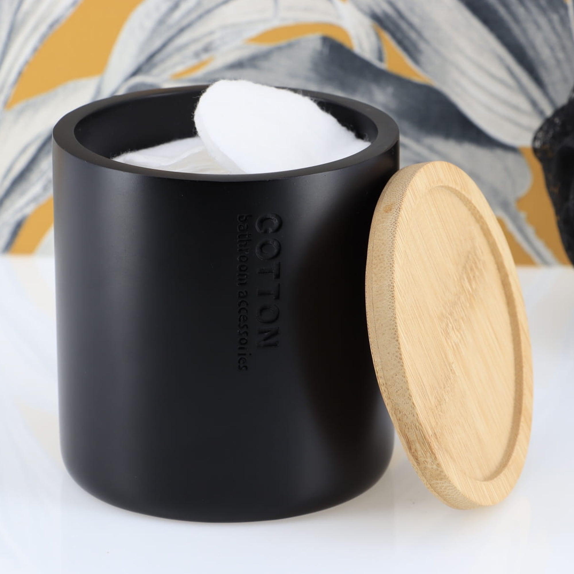 Sleek Matte Black Cotton Swab Holder with Natural Bamboo Lid ...