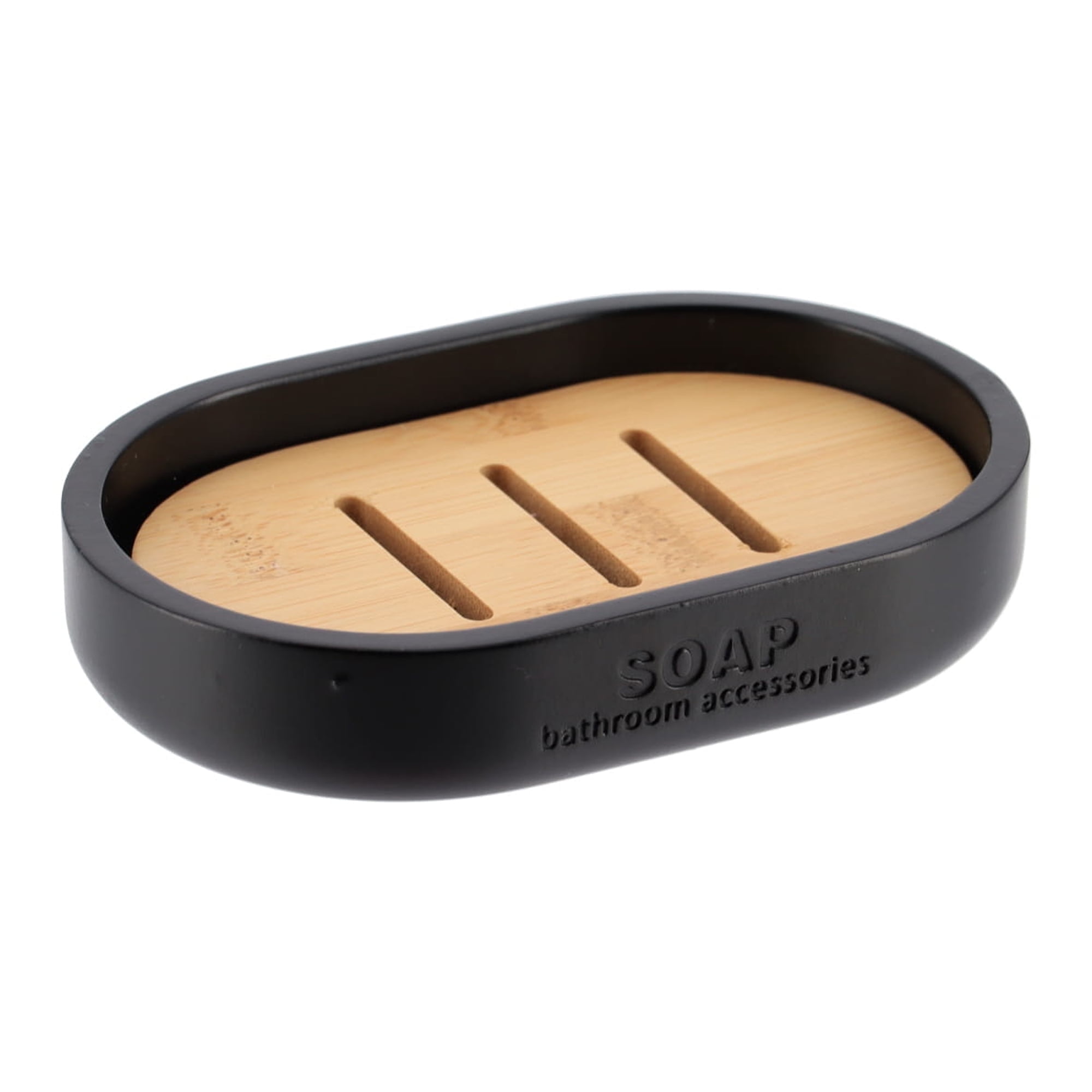 Sleek Matte Black Soap Dish with Bamboo Base - Polyresin Soap Tray for ...
