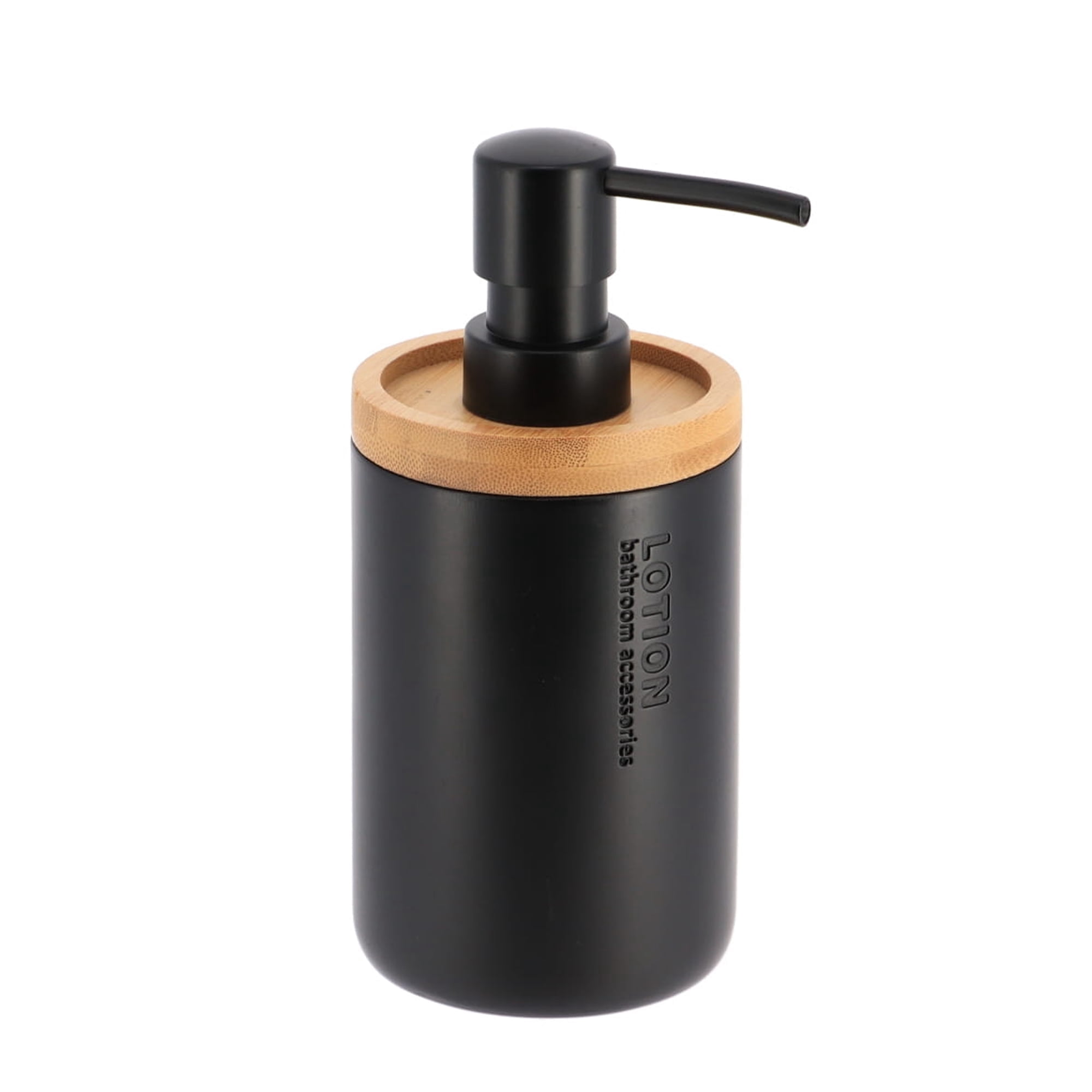Sleek Matte Black Soap Dispenser with Natural Bamboo Detail - Polyresin ...
