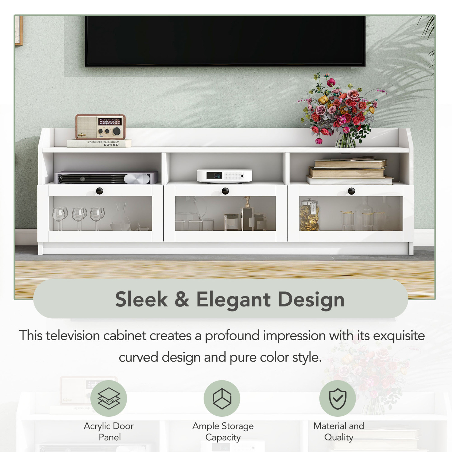 Sleek Modern White TV Stand with Chic Acrylic Board Door Elegant Media ...