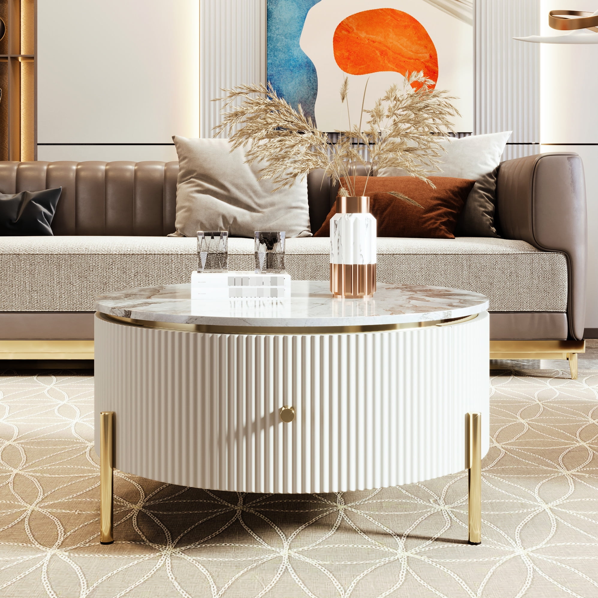 Sleek Round Desk With 2 Drawers, Luxurious Marble Texture, Golden Leg ...