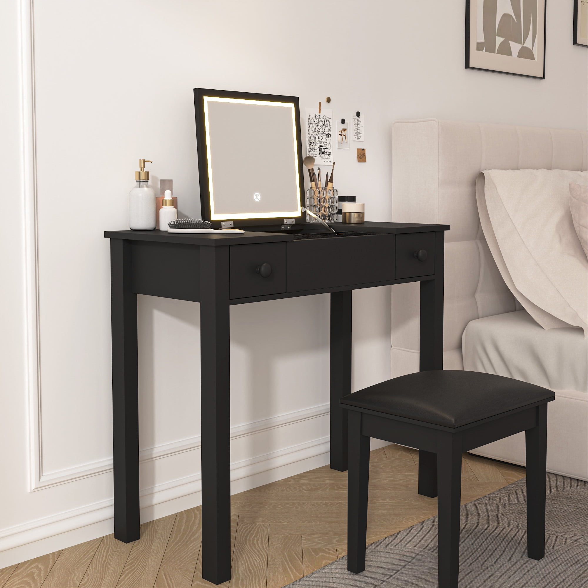 Sleek Vanity Table with LED Lights, Space Saving Vanity Dresser with ...