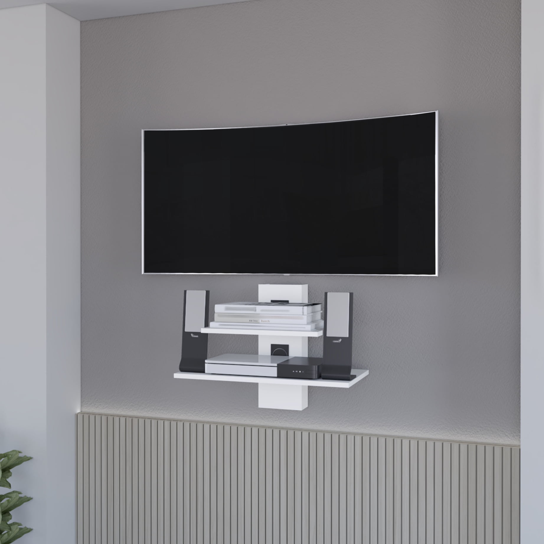 Sleek Wall Shelf - Ample Space For Collectibles, White With Cable Management Floating Holes ...