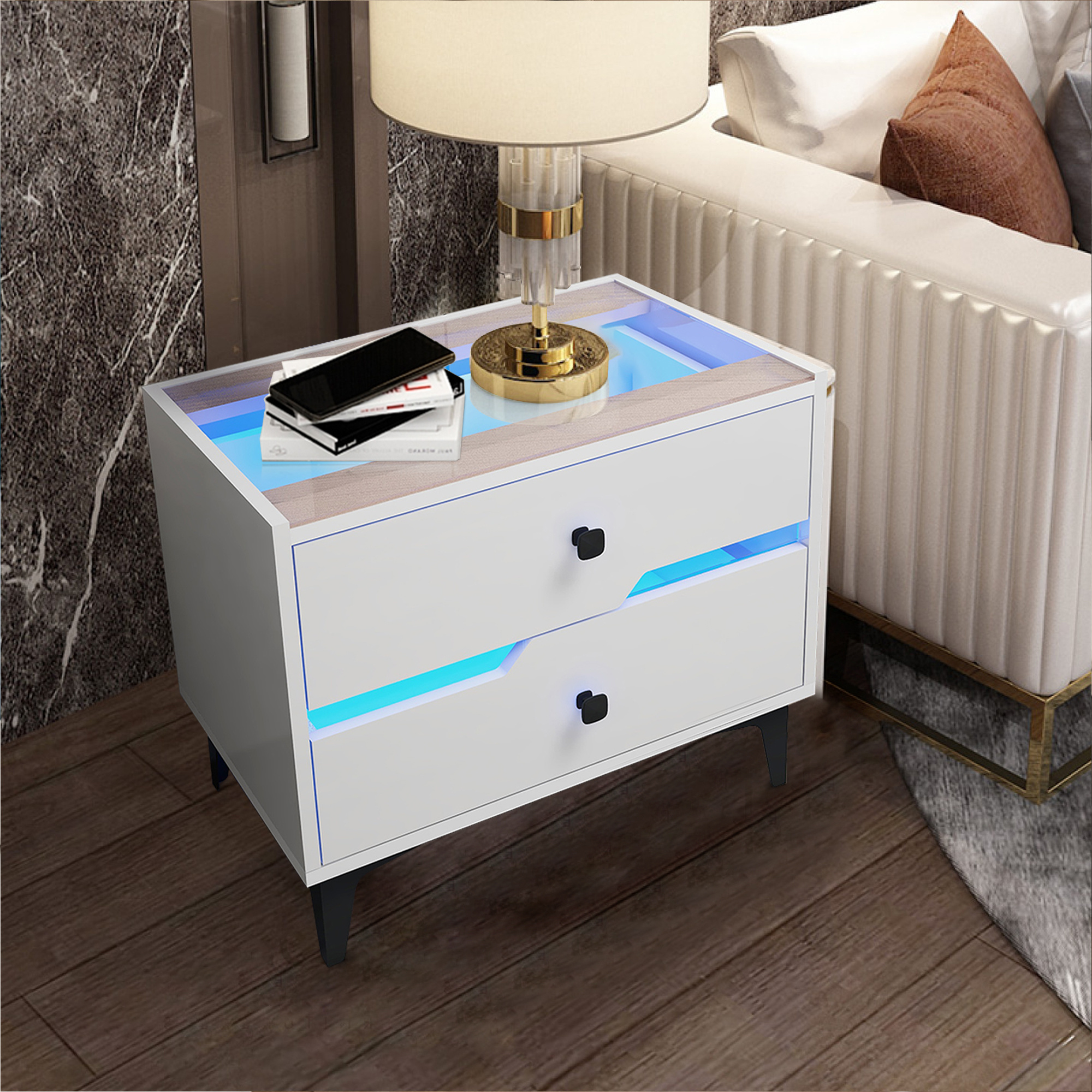 Sleek White Bedside Table with RGB LED Backlight - Illuminate Your ...