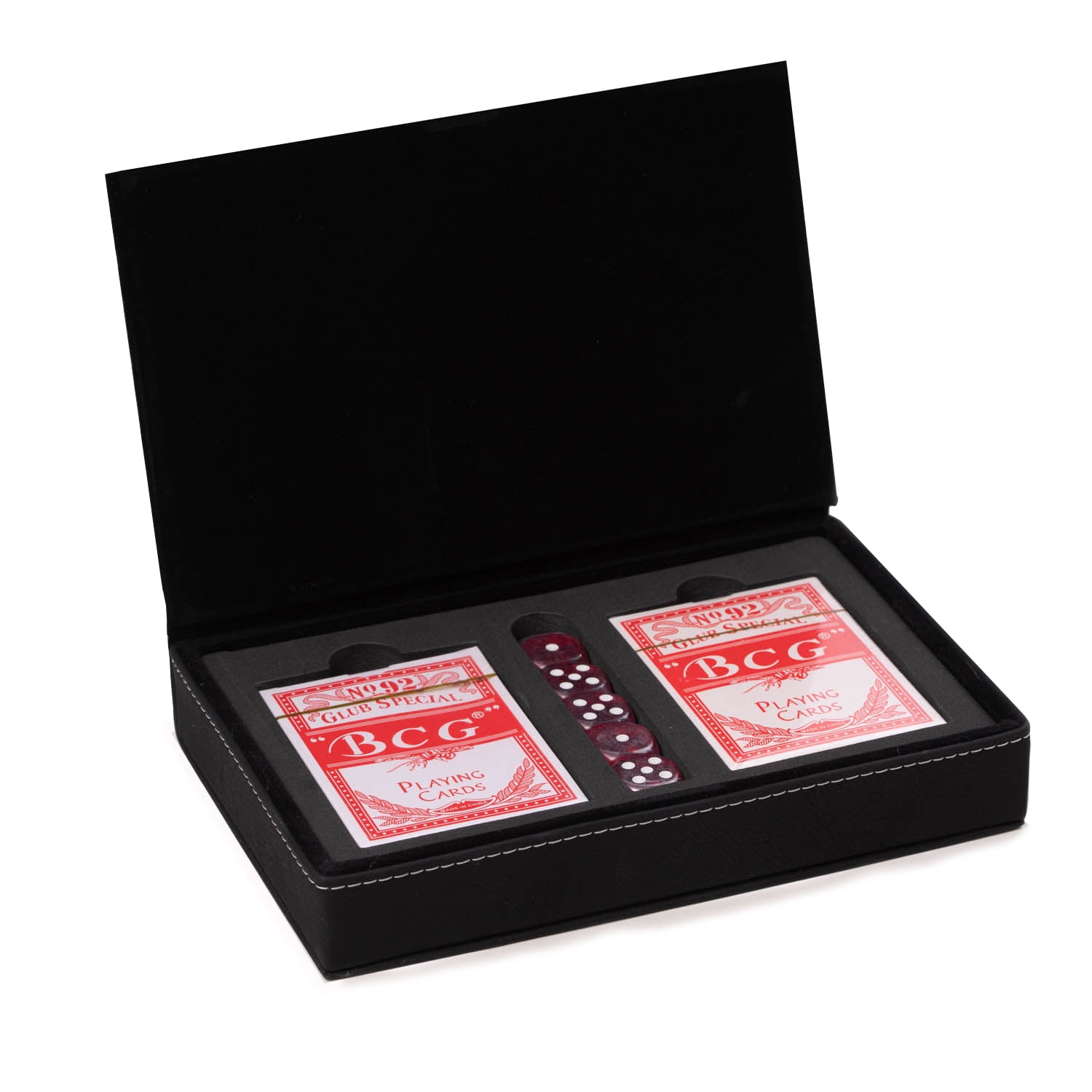 Sleek black game case with two decks of playing cards and 5 poker dice ...