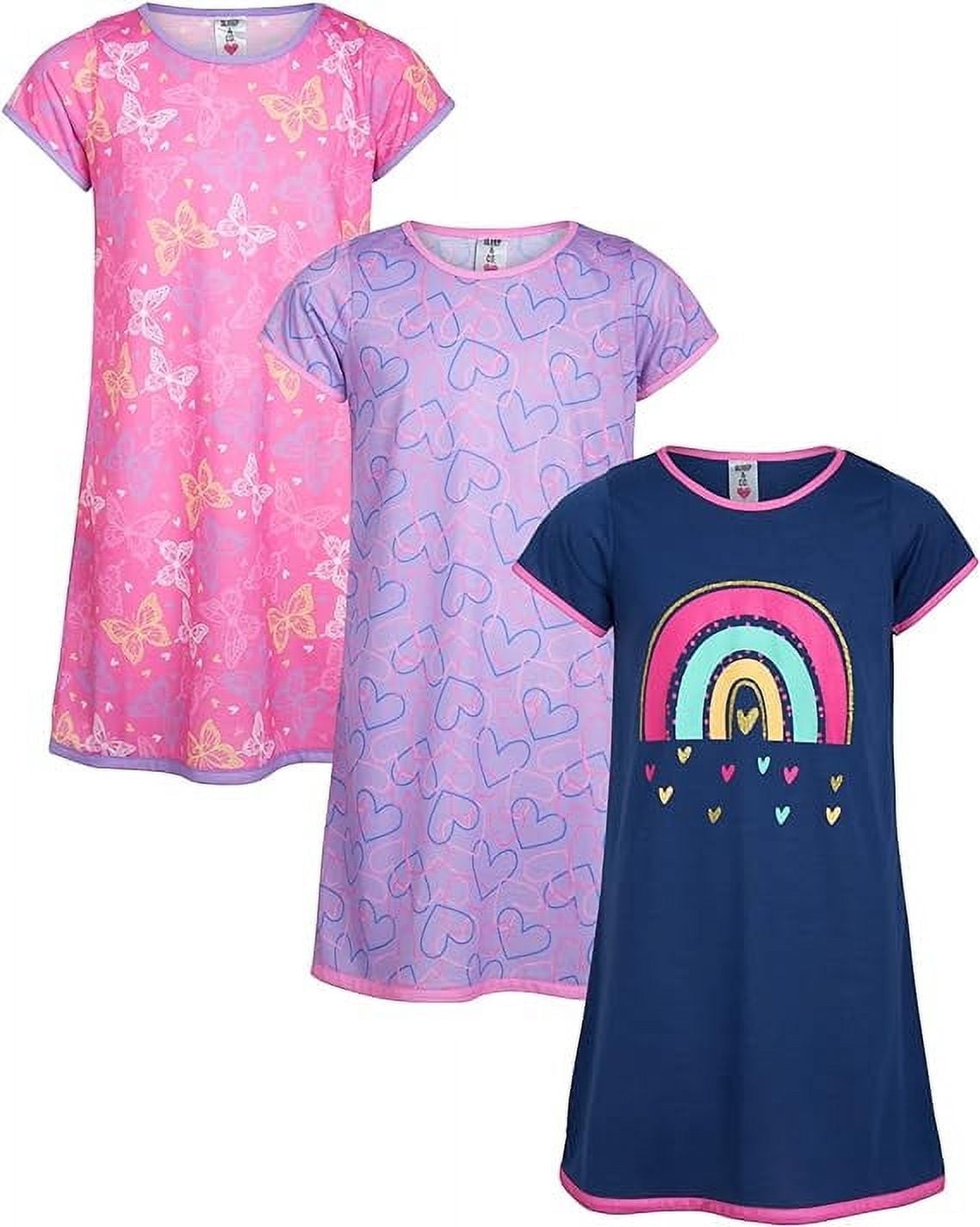Sleep & Co Girls' Nightgown, 3 Pack, Short Sleeve Cotton Pajamas, Sizes ...