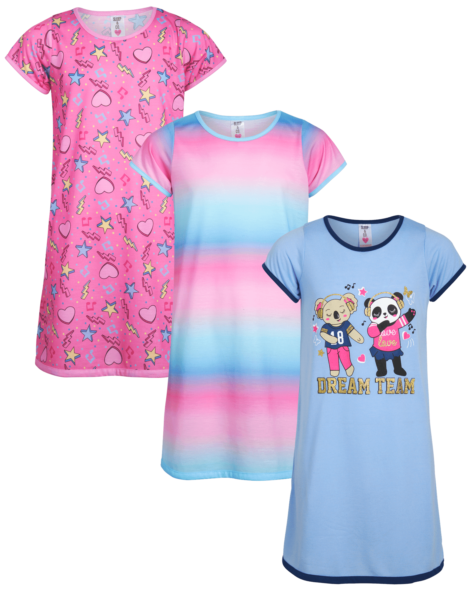 Sleep & Co Girls Nightgowns, 3pk, Size 5-12, Short Sleeve Sleep Shirts ...