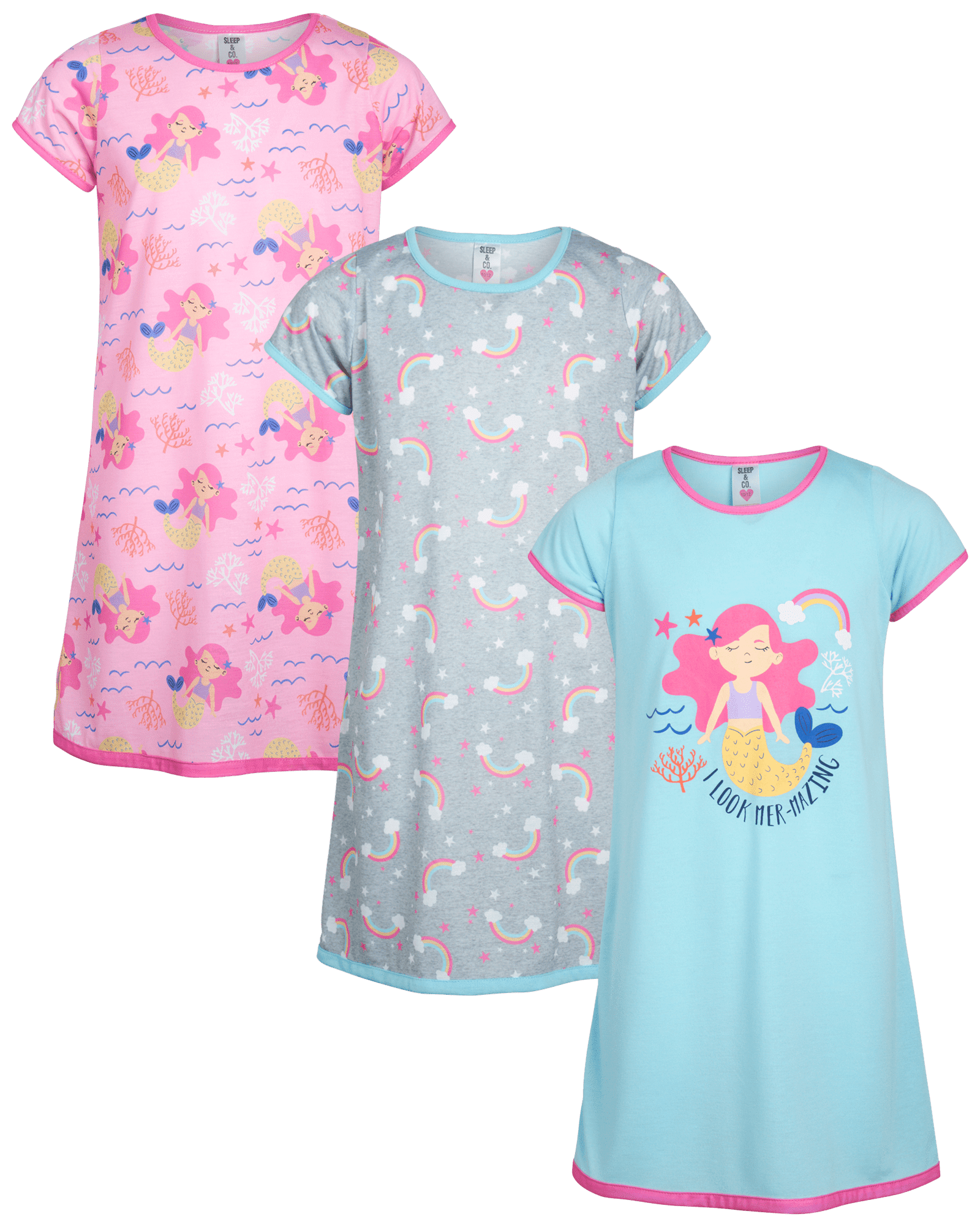 Sleep & Co, Girls Nightgowns, 5-12, 3 Pack Short Sleeve Sleep Shirts ...