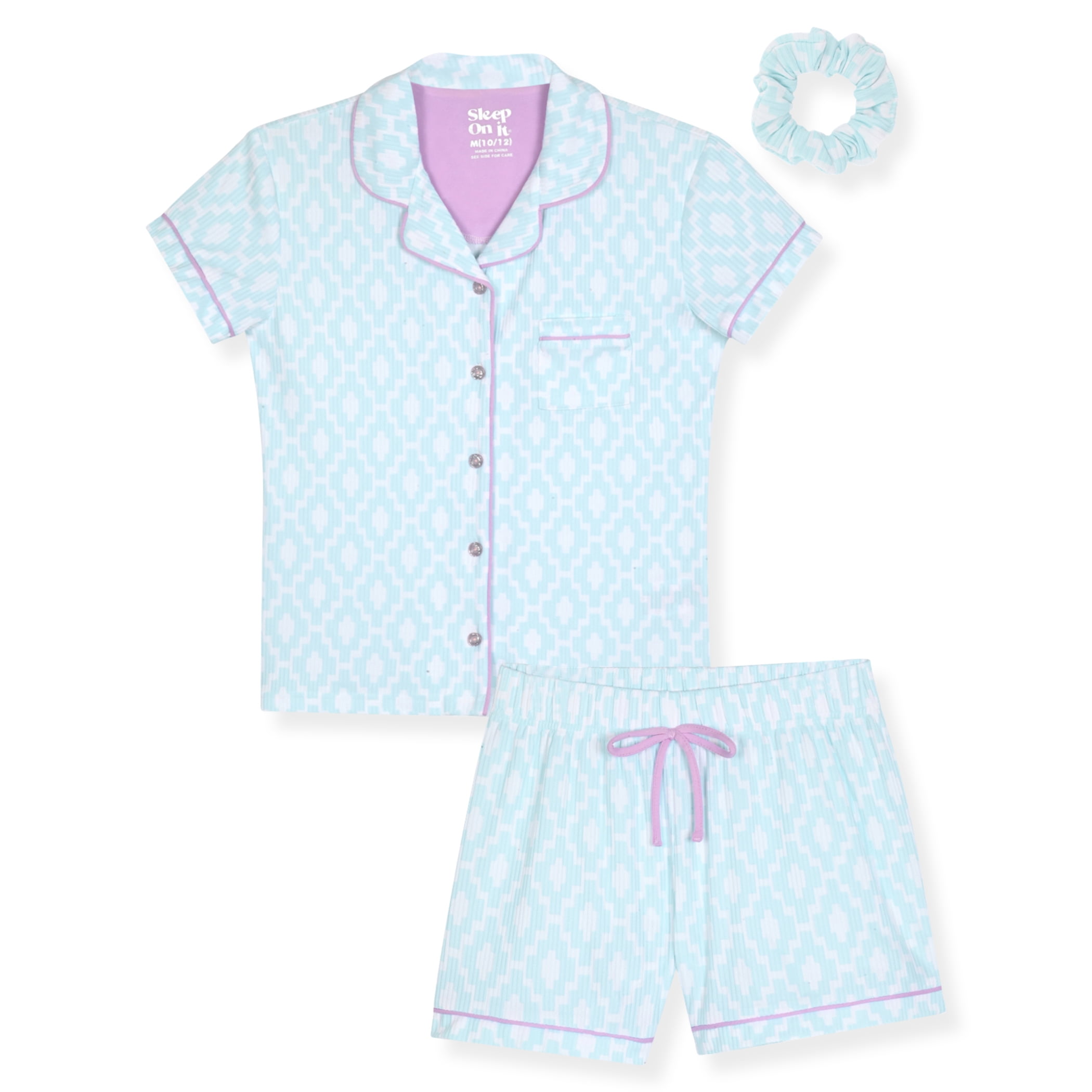 Sleep On It Girls Button Down Top and Shorts Pajama Set with Scrunchie ...