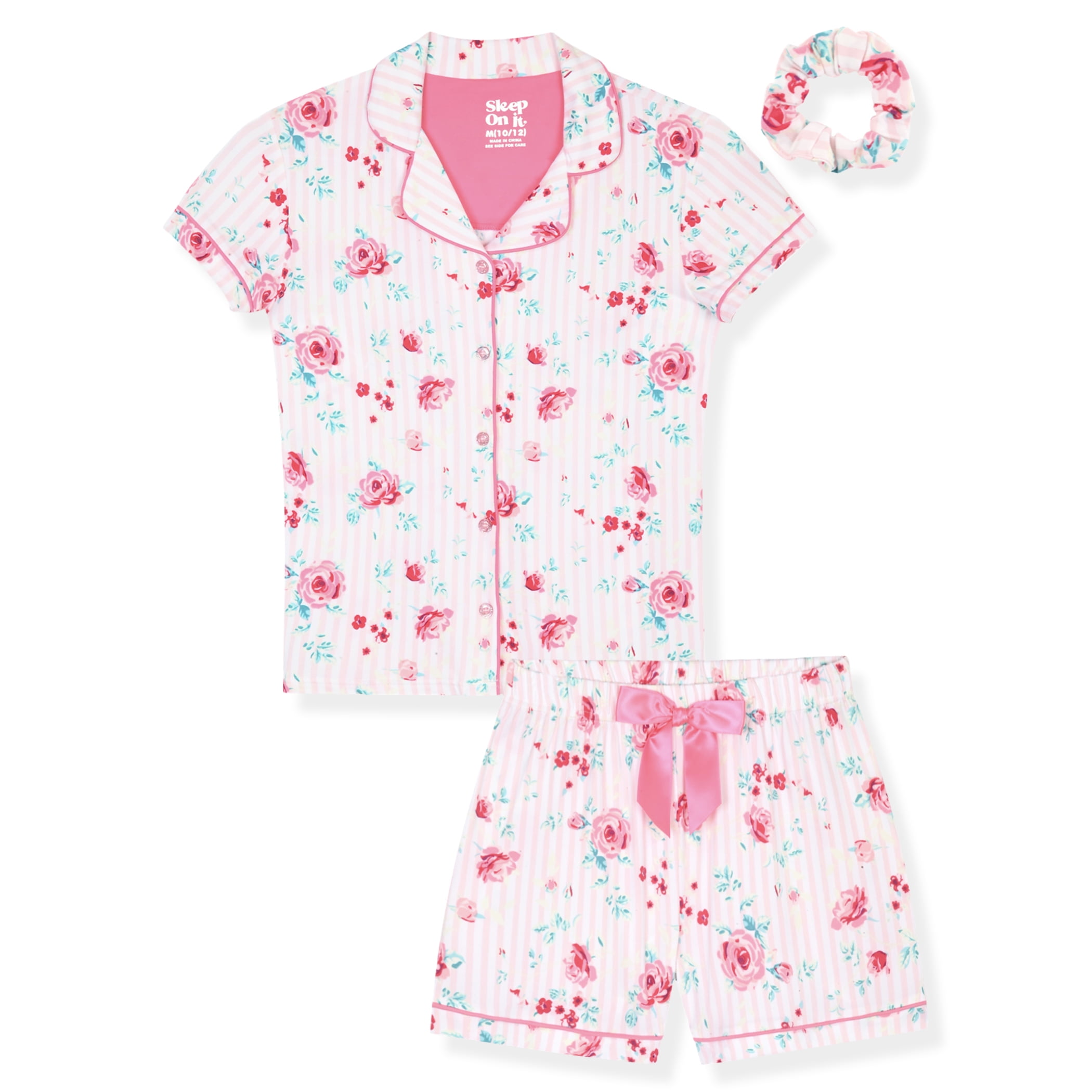 Sleep On It Girls Button Down Top and Shorts Pajama Set with Scrunchie ...