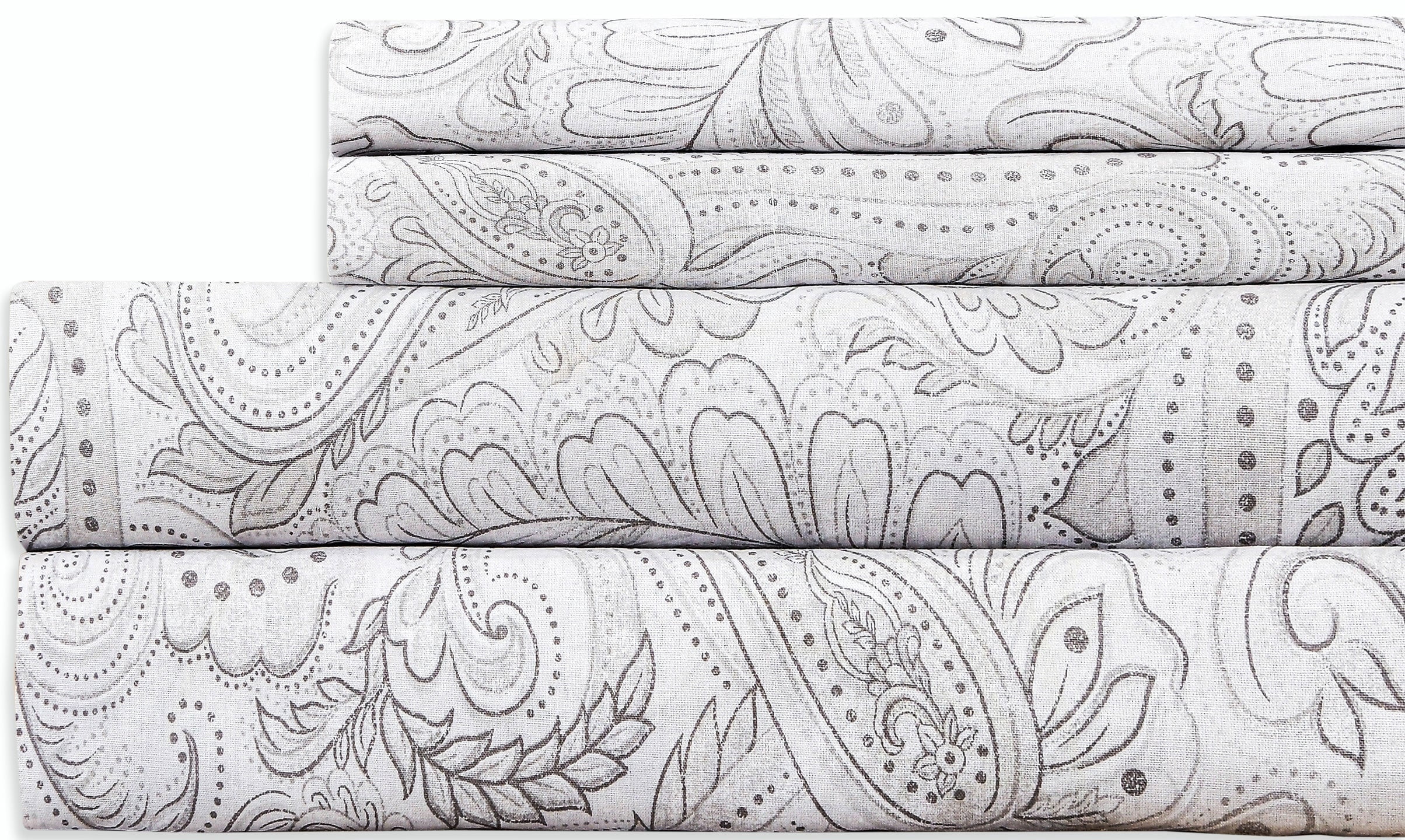 Sleepdown, Twin Sheet Set, 68"x102" Percale Cotton, Grey Paisely ...