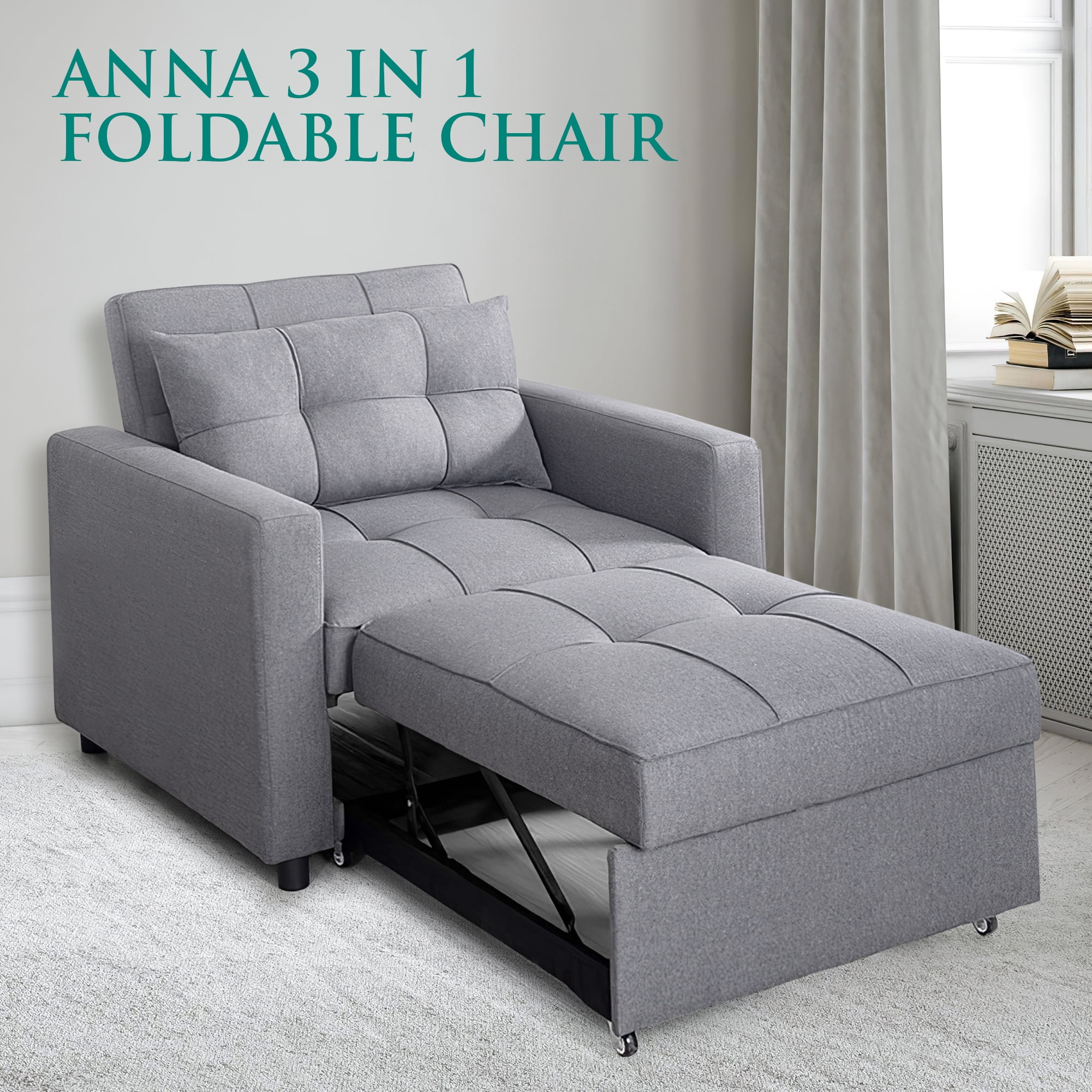 Naomi Home Anna 3 in 1 Gray Linen Sleeper Chair, Convertible Pull-Out ...