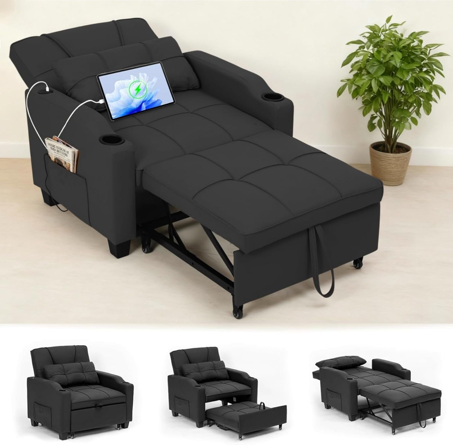 Sleeper Chair Pull Out Bed, 4 in 1 Convertible Sofa Chair Bed with ...