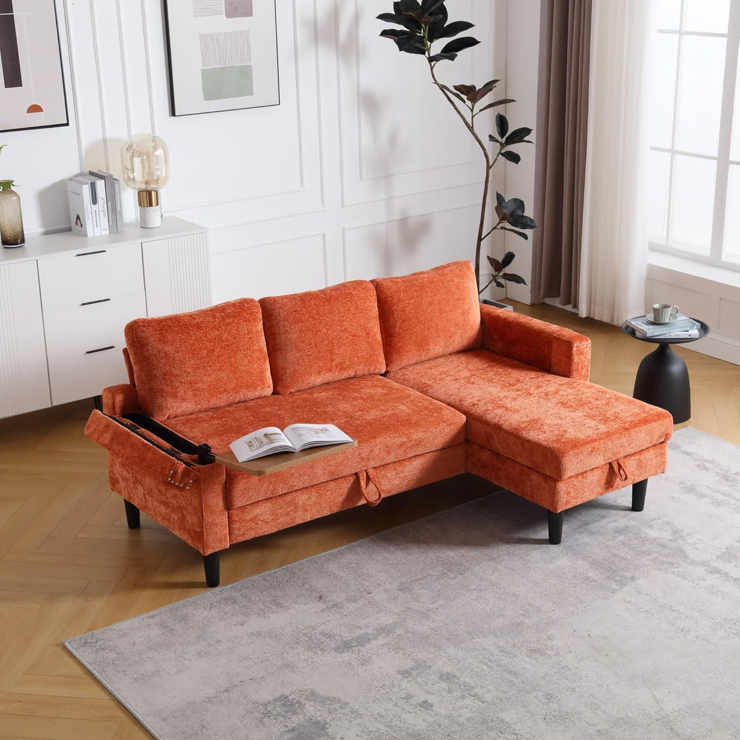 Sleeper Sectional Sofa with Storage Chaise, Side Table, Pull Out Bed, L ...