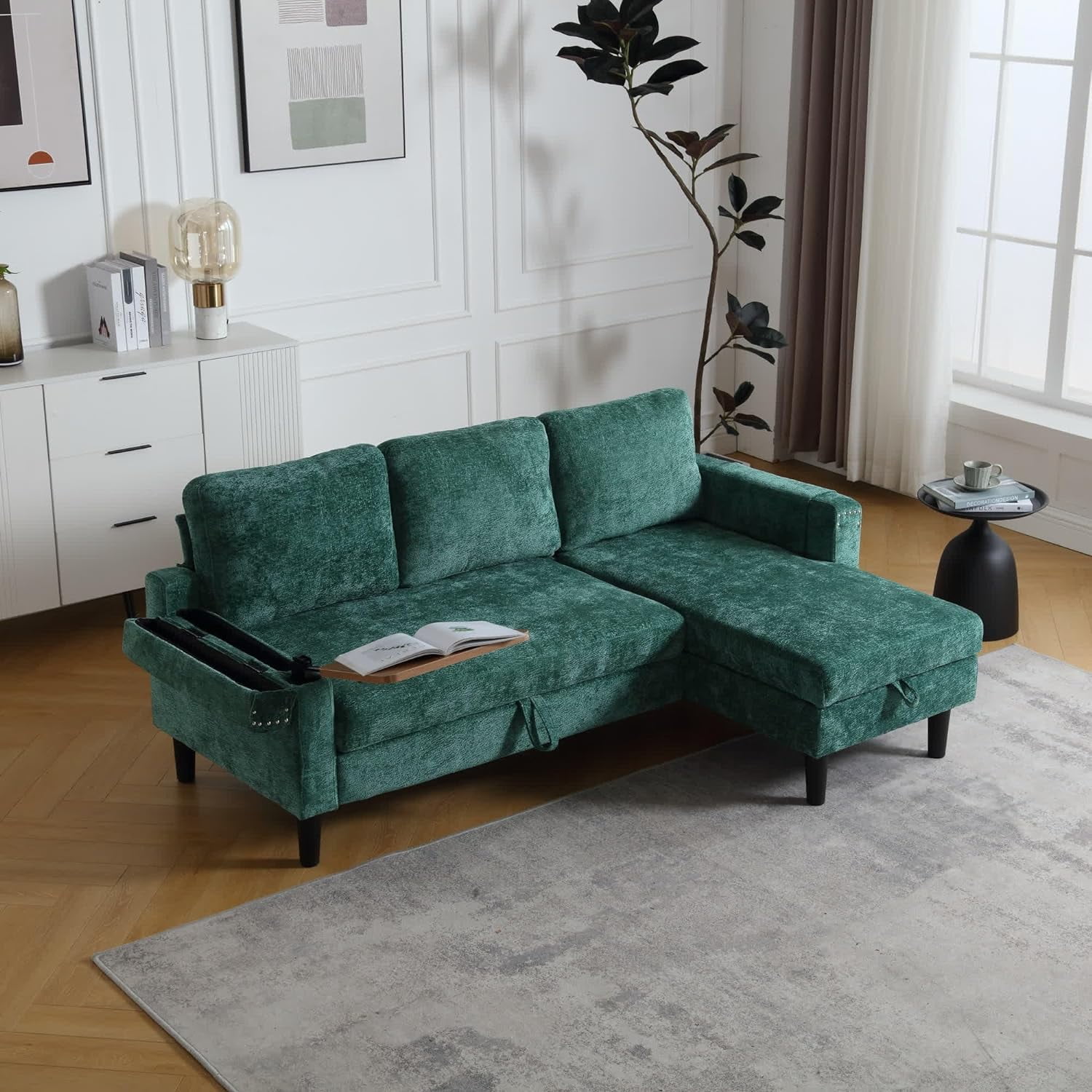 Sleeper Sectional Sofa with Storage Chaise, Side Table, Pull Out Bed, L ...