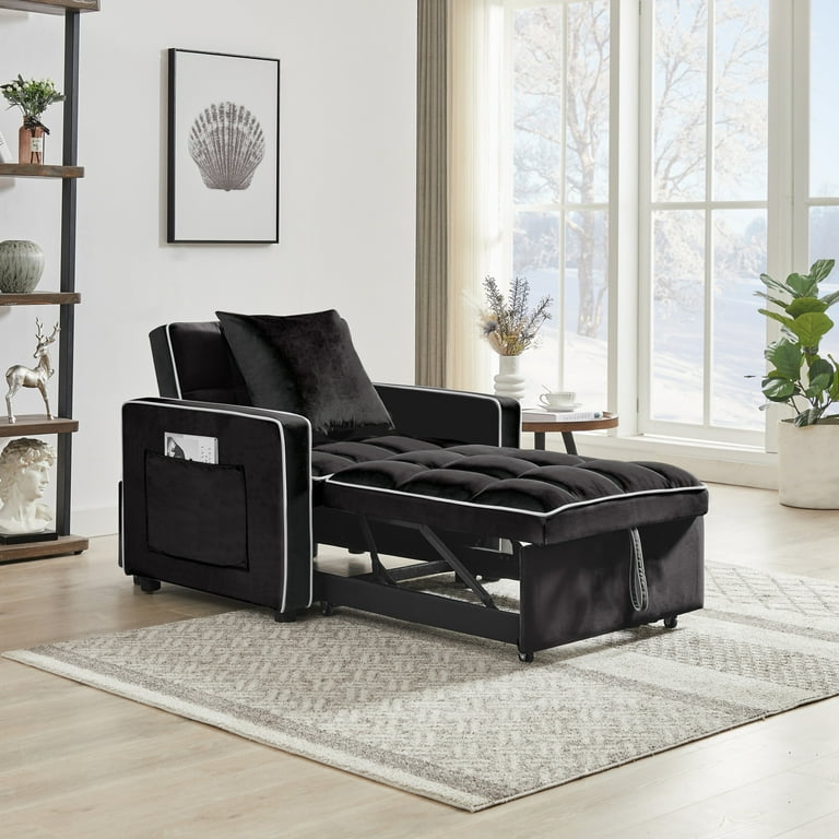 3 in 1 Velvet Sofa Bed Chair with Adjustable Backrest Foldable Recliner for Adults Modern Single Bed and Lounge Chair. Black