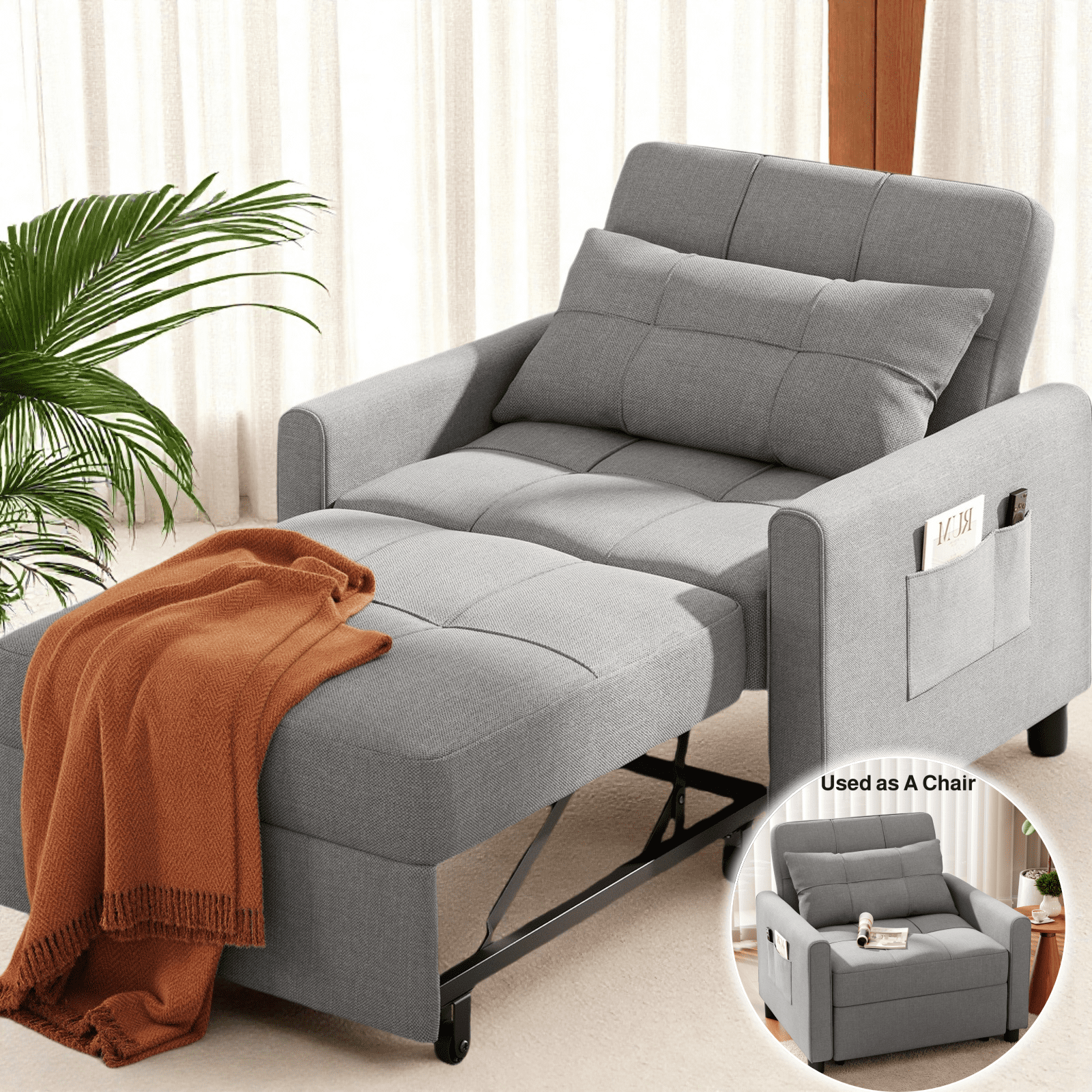 Sleeper Sofa, Convertible Chair Bed with Pillow and 3-Level Adjustable ...