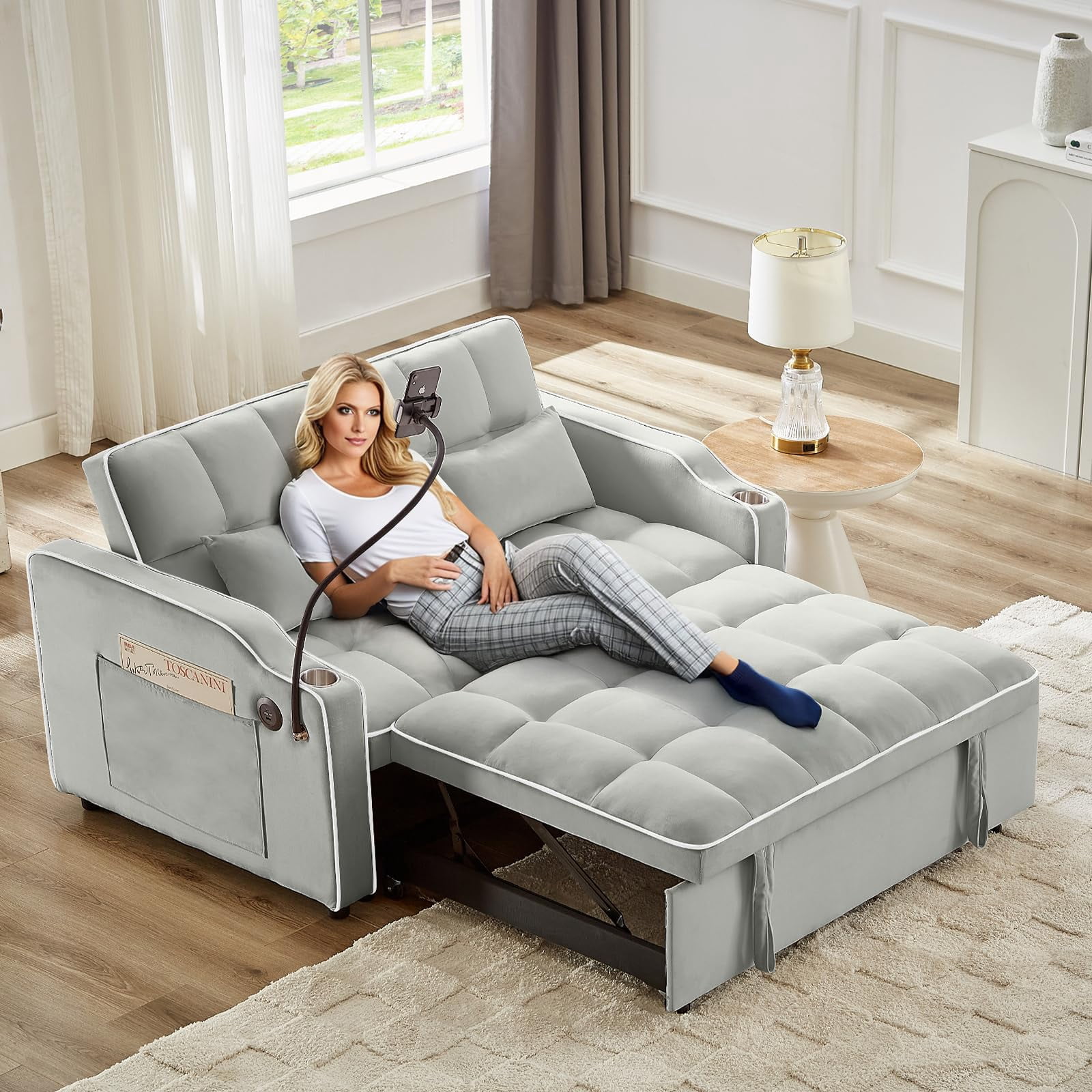 Sleeper Sofa Couch Bed with Phone Holder, Modern 3-in-1 Convertible ...