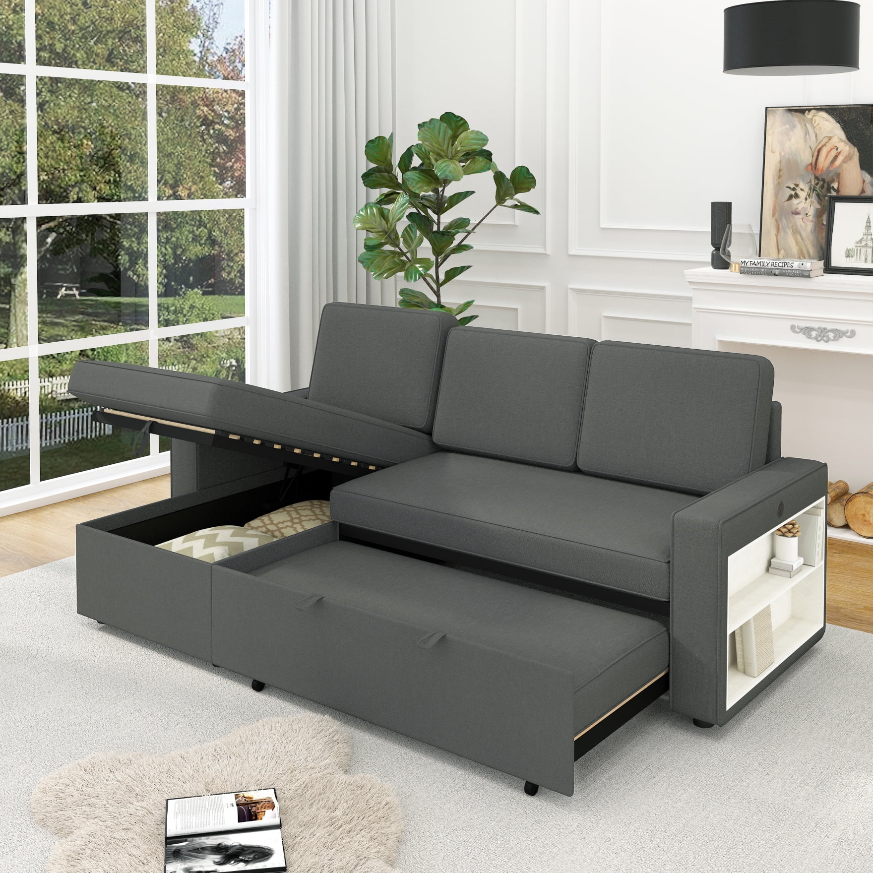 Sleeper Sofa L-Shaped Couch with Storage Chaise & Storage Racks ...